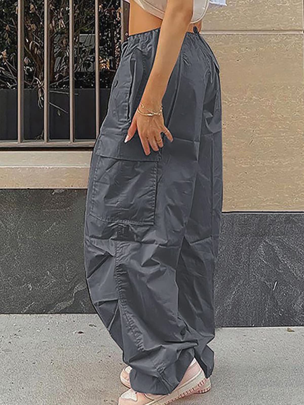 LQI Parachute Pants for Women Y2K Baggy Cargo Pants Drawstring Trousers Low Rise Loose Jogger Sweatpants Grey
