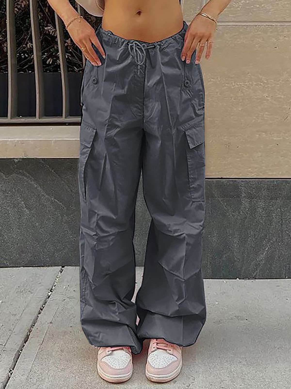 LQI Parachute Pants for Women Y2K Baggy Cargo Pants Drawstring Trousers Low Rise Loose Jogger Sweatpants Grey