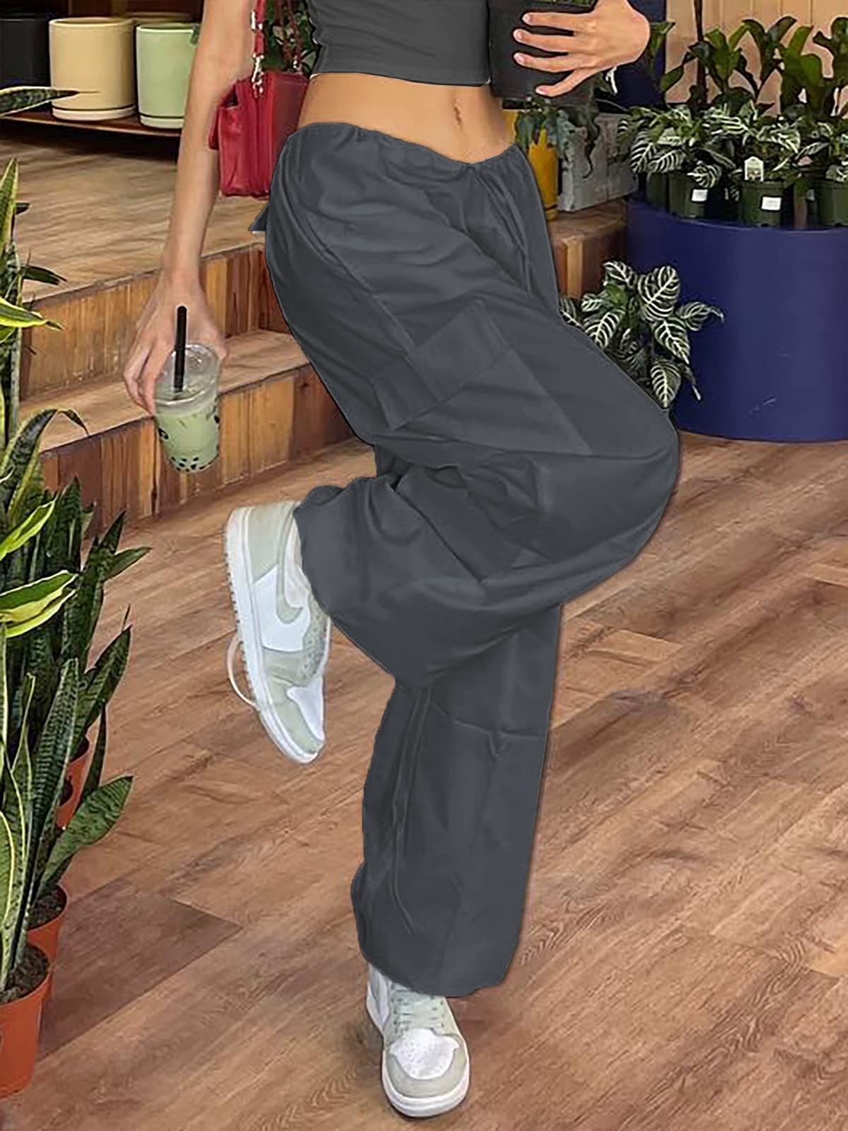 LQI Parachute Pants for Women Y2K Baggy Cargo Pants Drawstring Trousers Low Rise Loose Jogger Sweatpants Grey
