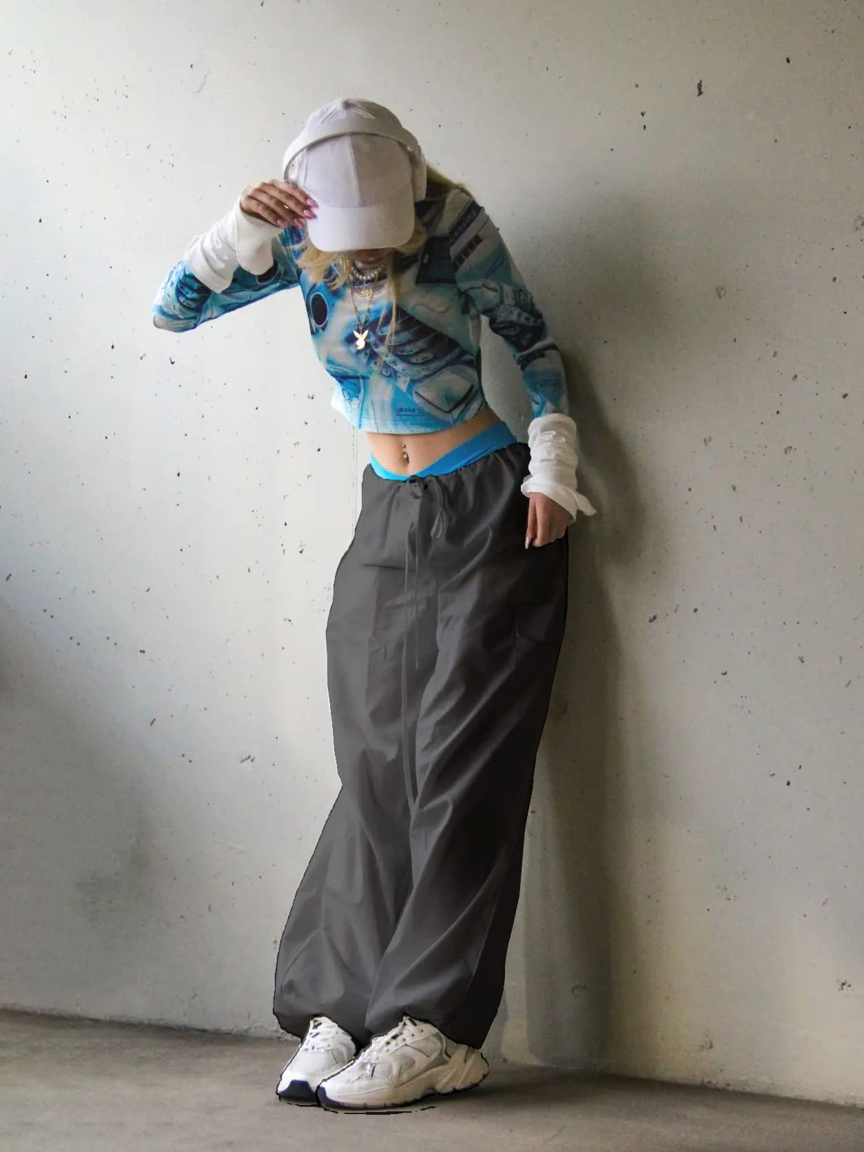LQI Parachute Pants for Women Y2K Baggy Cargo Pants Drawstring Trousers Low Rise Loose Jogger Sweatpants Grey