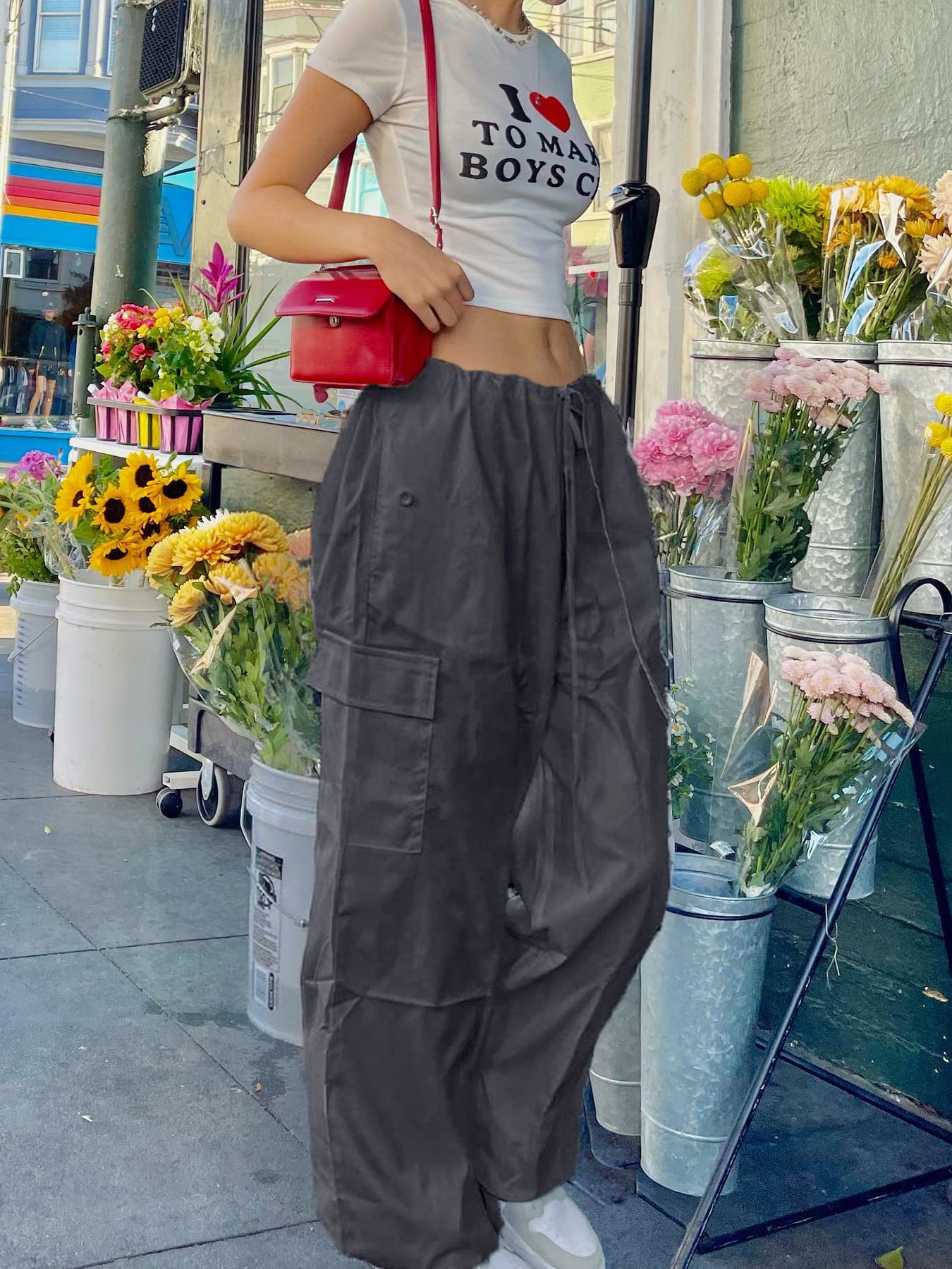 LQI Parachute Pants for Women Y2K Baggy Cargo Pants Drawstring Trousers Low Rise Loose Jogger Sweatpants Grey