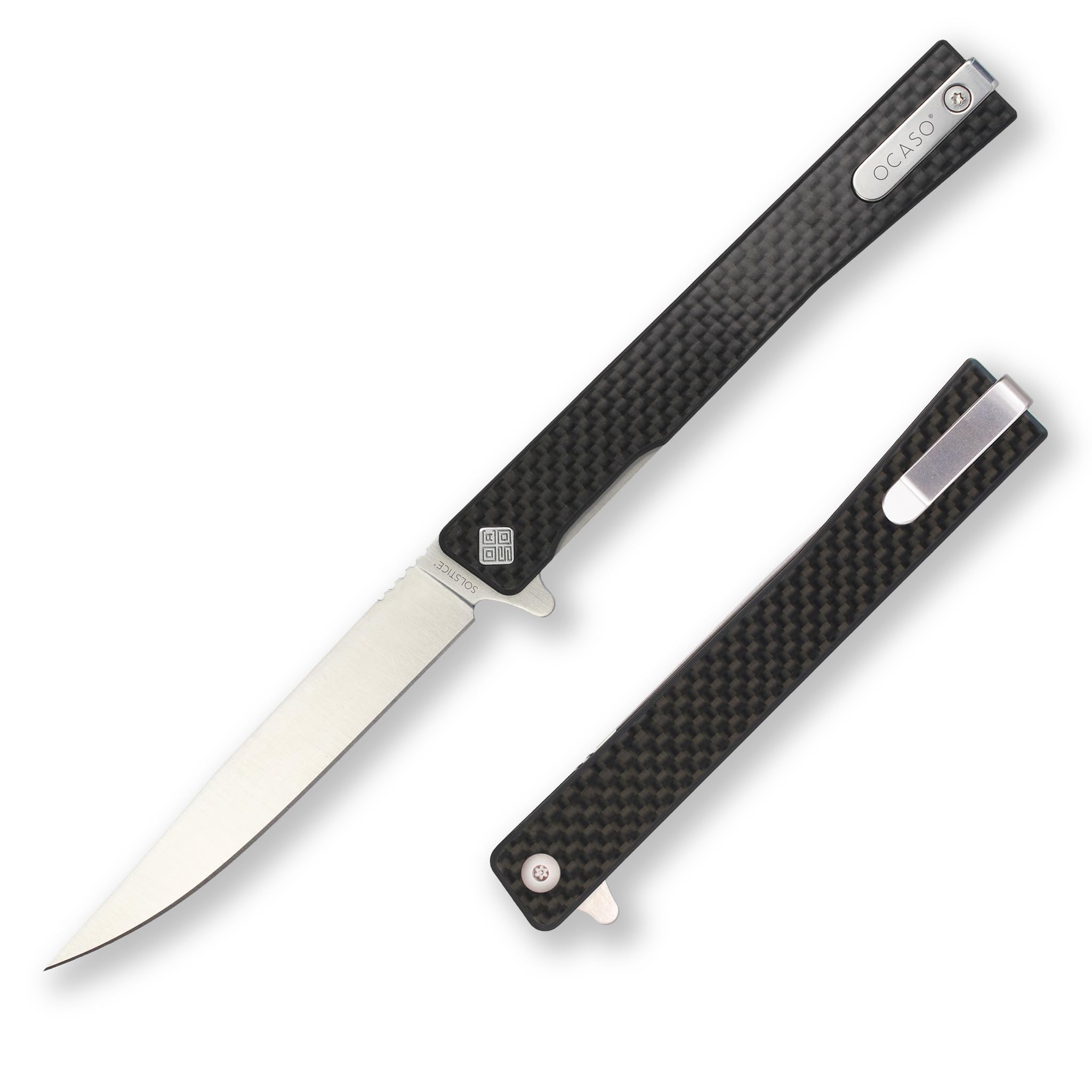 OCASO - Solstice Gentleman's Knife, 3.5" S35VN Steel, Titanium or Carbon Fiber, Ambidextrous Deep Carry Pocket Clip, Straight Blade 10CFS