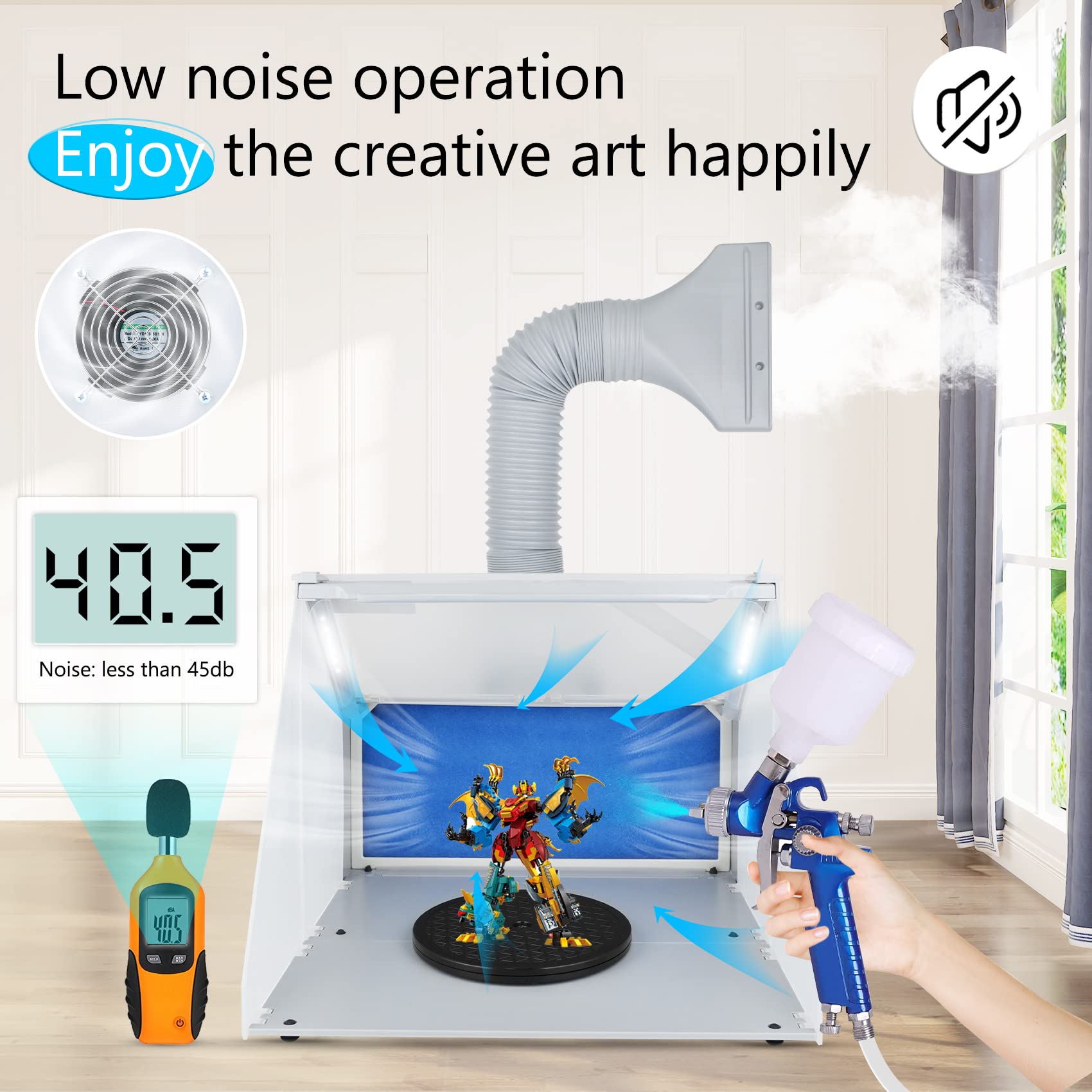 Portable Airbrush Paint Booth with Ventilation System and LED Light, 360°Turntable, Filter, Extension Hose. Airbrush Ventilation Paint Booth for Manual Hobby, DIY Painting, Hobby Handicraft