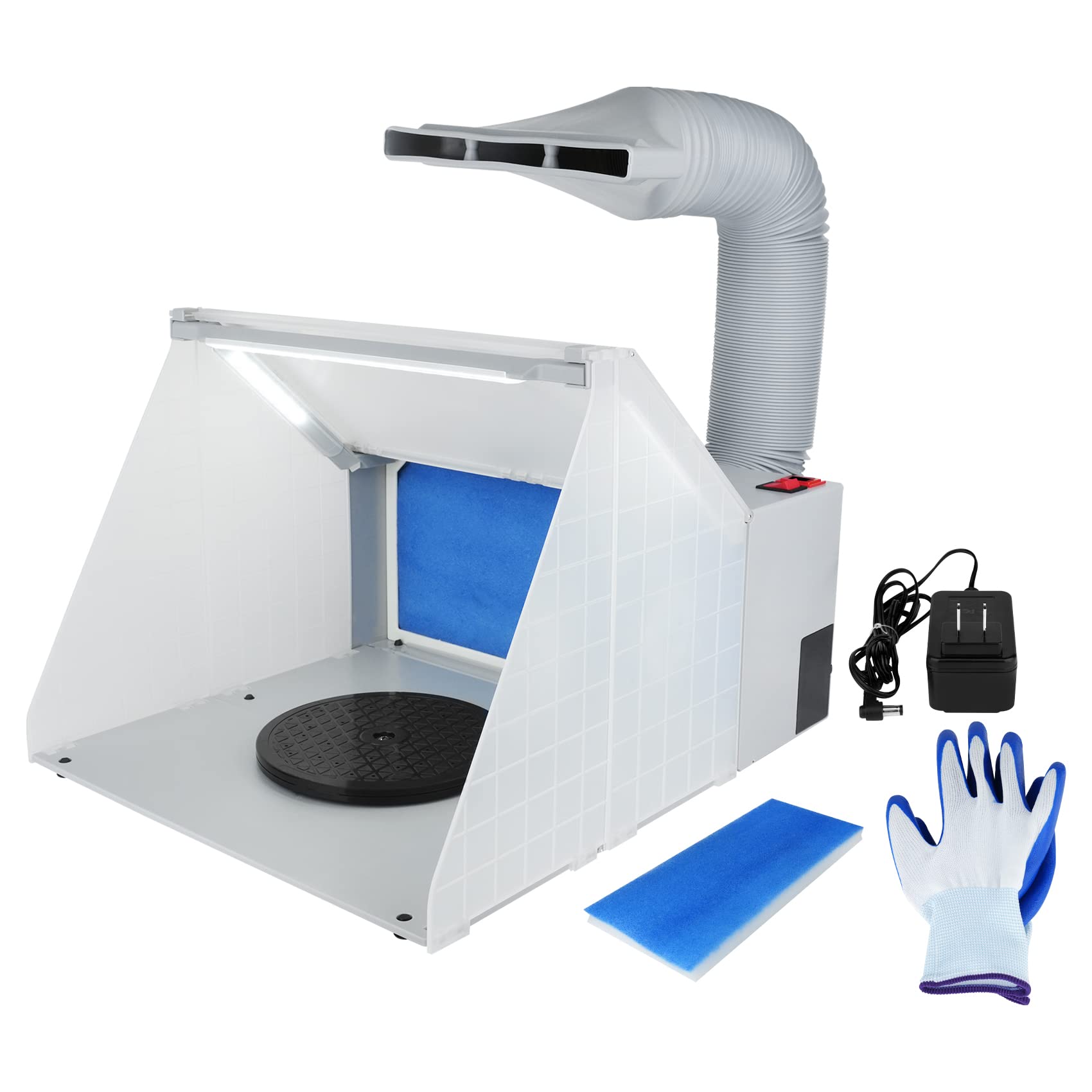 Portable Airbrush Paint Booth with Ventilation System and LED Light, 360°Turntable, Filter, Extension Hose. Airbrush Ventilation Paint Booth for Manual Hobby, DIY Painting, Hobby Handicraft