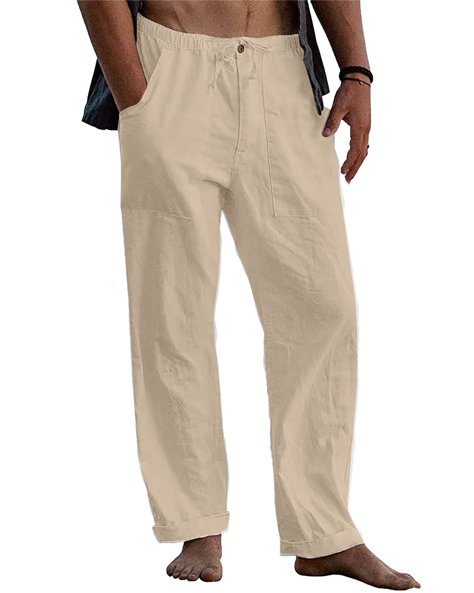 LVCBL Linen Pants for Men Elastic Waist Men's Linen Casual Pants,Khaki,M
