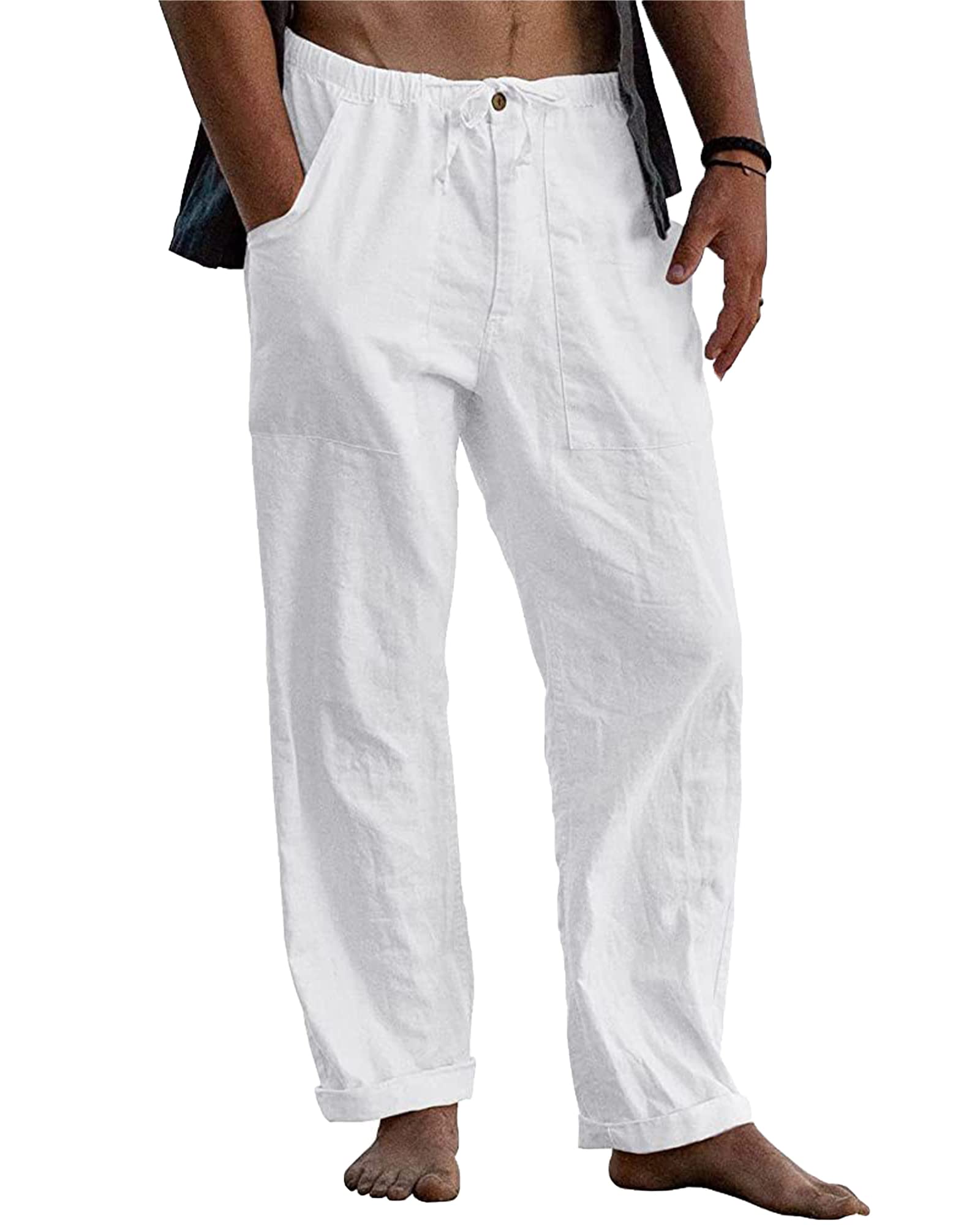 LVCBL Men's White Linen Pants Drawstring Pants Casual Beach Pants,White,XL