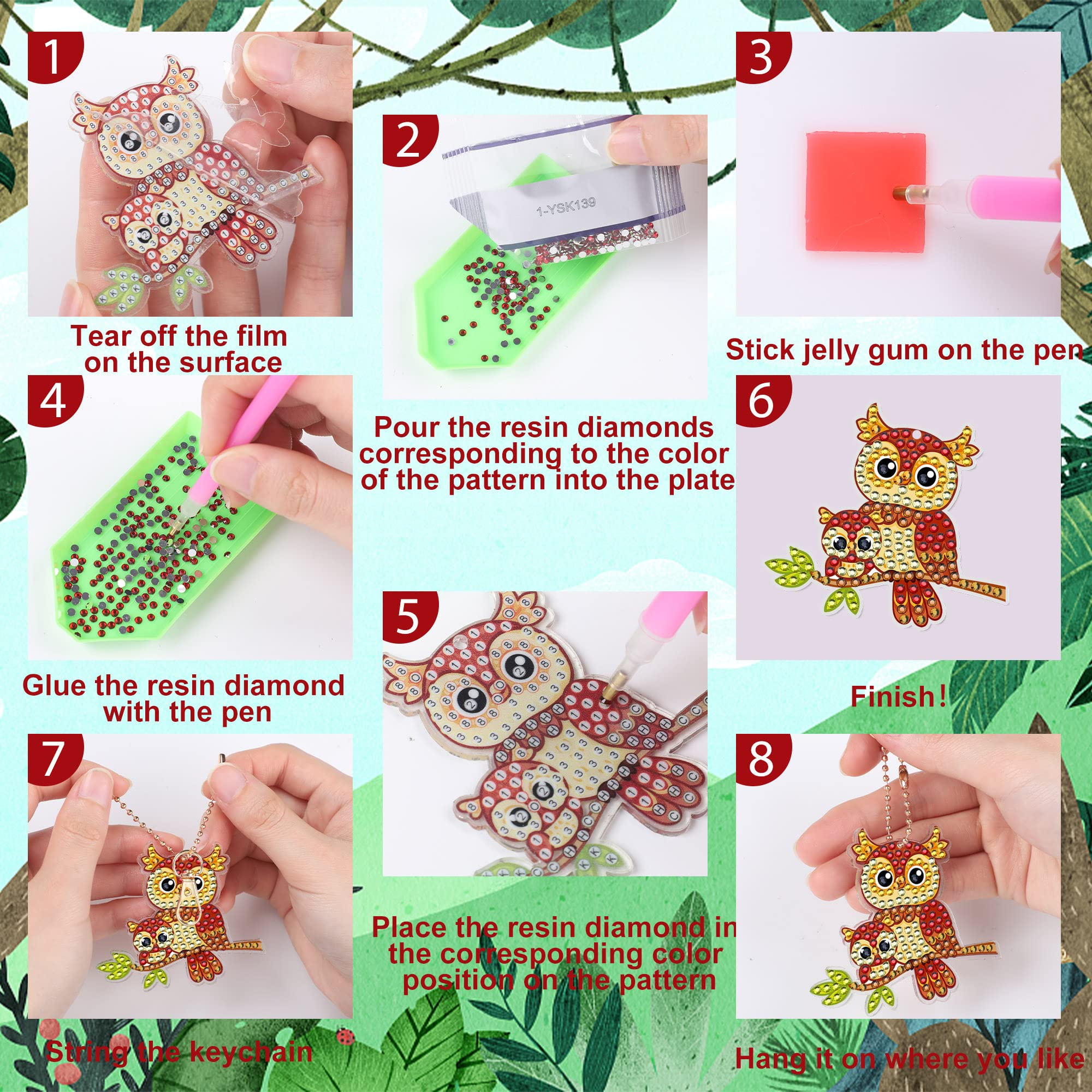 12 PCS Diamond Painting Keychains Kit Animals Diamond Art Ornaments Double Sided 5D Diamonds Key Rings DIY Diamonds Pendants for Beginners Birthday Crafting Home Party Decor
