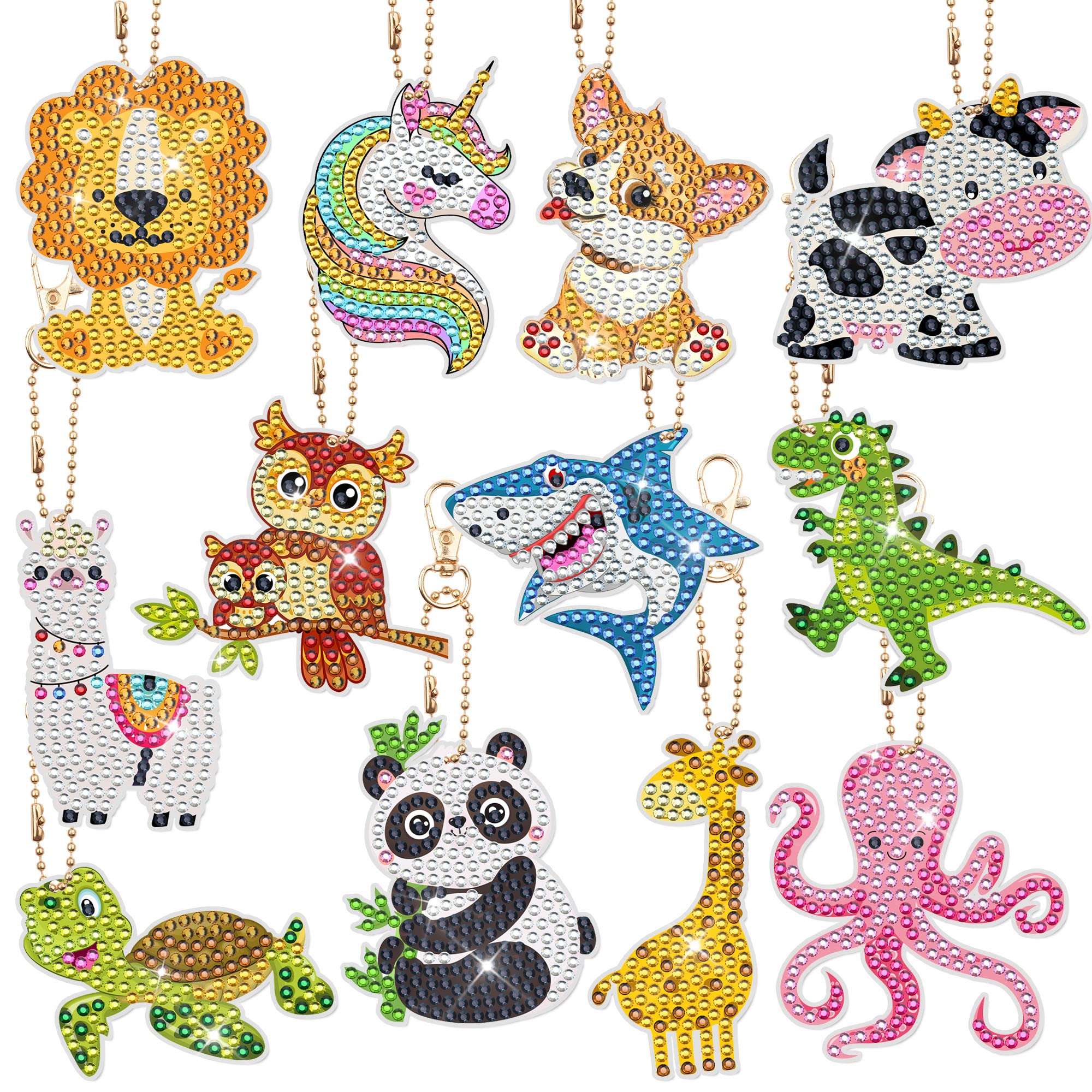 12 PCS Diamond Painting Keychains Kit Animals Diamond Art Ornaments Double Sided 5D Diamonds Key Rings DIY Diamonds Pendants for Beginners Birthday Crafting Home Party Decor