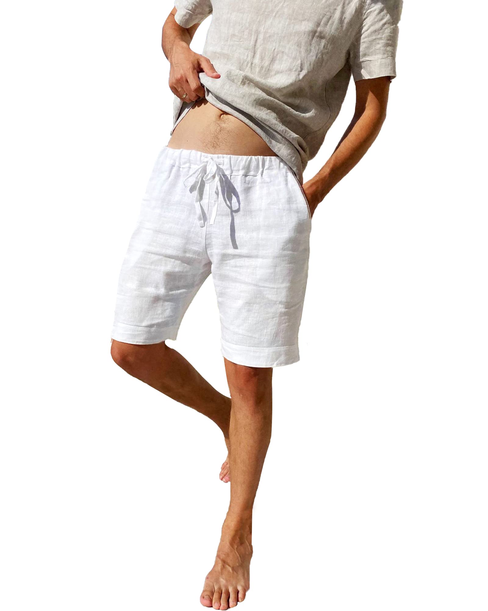LVCBL Men's Linen Shorts Drawstring Waistband Lounge Shorts White XL