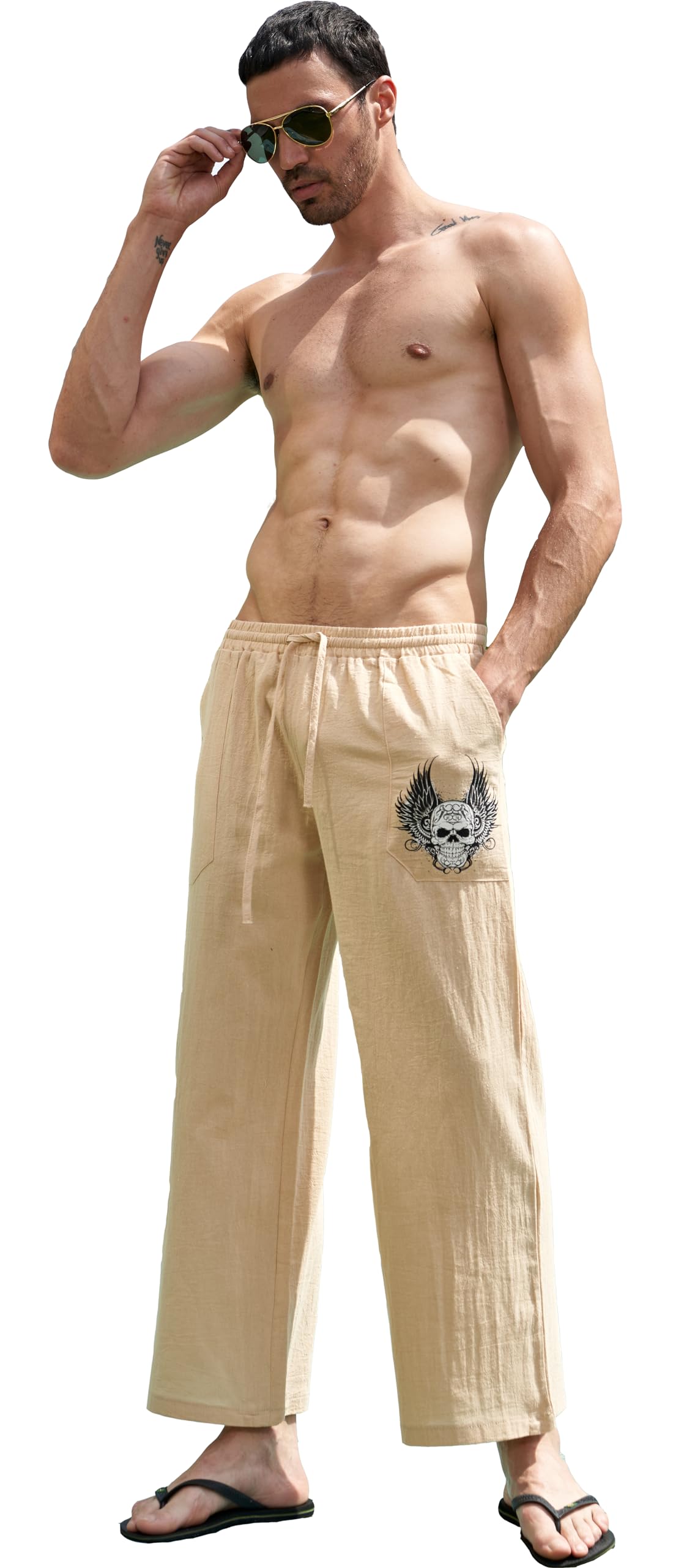 Miaikvs Men's Print Cotton Linen Casual Pants with Elastic Waistband - Soft, Breathable, and Loose-Fit Summer Pants (US, Alpha, Large, Regular, Regular, Skeleton Khaki)