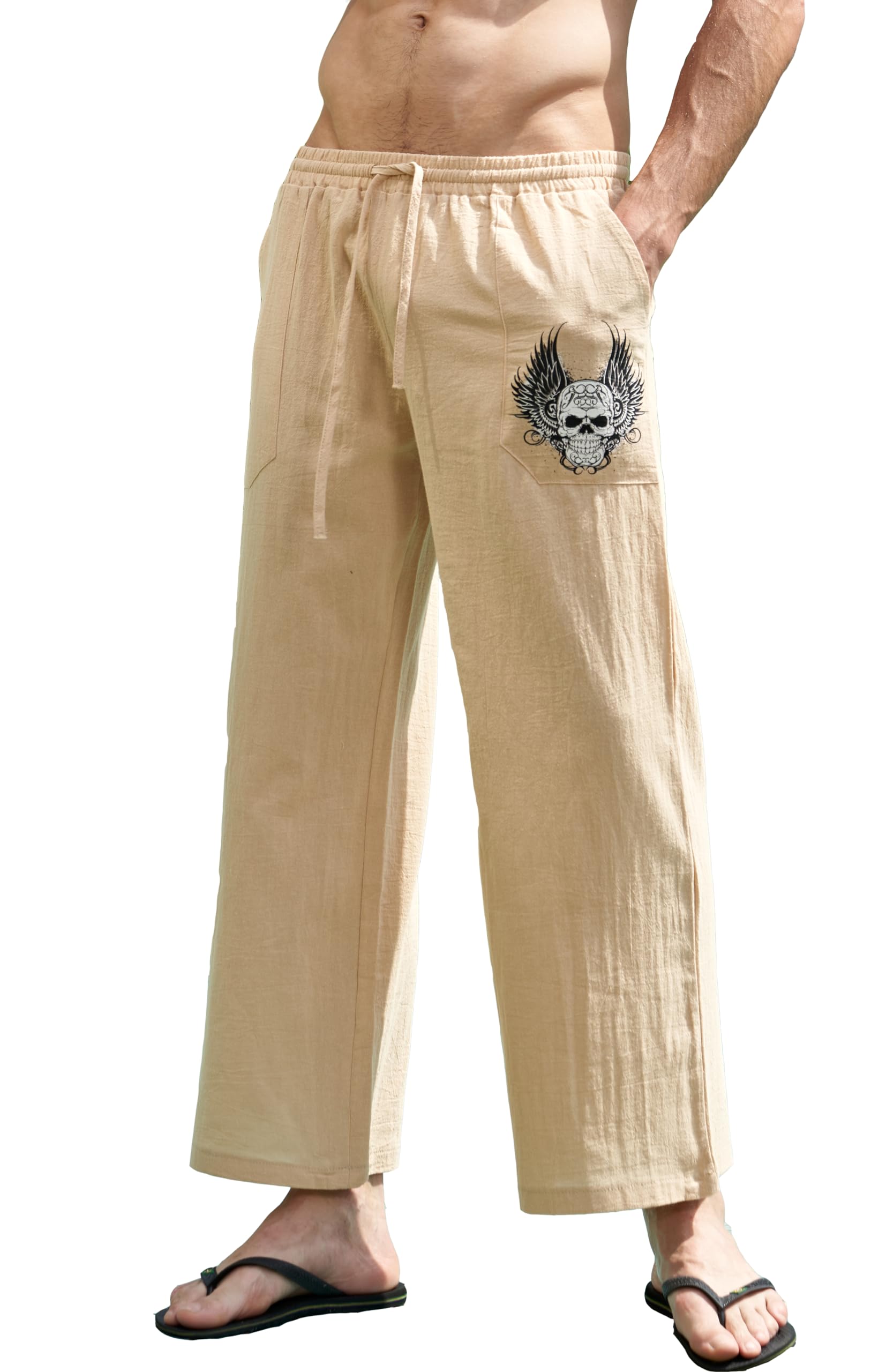 Miaikvs Men's Print Cotton Linen Casual Pants with Elastic Waistband - Soft, Breathable, and Loose-Fit Summer Pants (US, Alpha, Large, Regular, Regular, Skeleton Khaki)