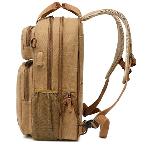 NOHCLIE Canvas Vintage Backpack Convertible Messenger Bag with USB Charging Port- for School Hiking Travel 15.6'' Laptop (Medium, Brown)