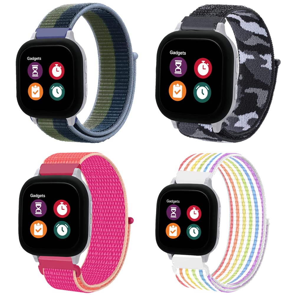 NOLIKO 4 Pack Kids Replacement Band Compatible with Gabb Watch 3 2 1/Verizon Gizmo Watch 3 2 1/T mobile SyncUP Watch, Nylon 20mm Small Wrist Strap for Boys Girls, Camo Rainbow Pomegranate Green Blue