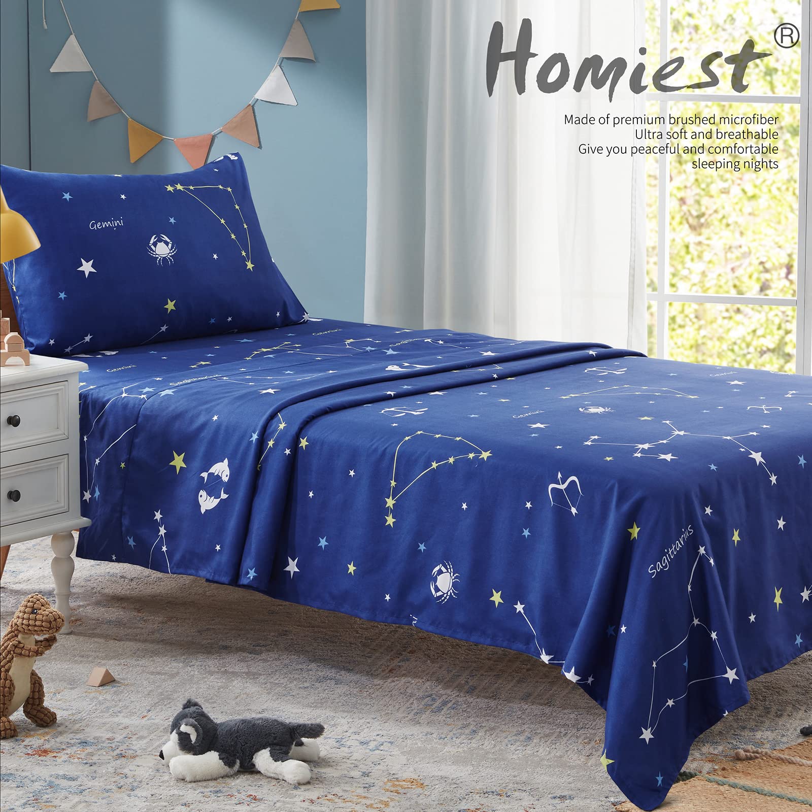 Homiest 3pcs Constellation Sheets Twin Size Bed Set, Star Pattern Cute Soft Bedding Set, Deep Pocket Twin Sky Printed Sheets for Kids Teen Boys Adults, Navy Blue