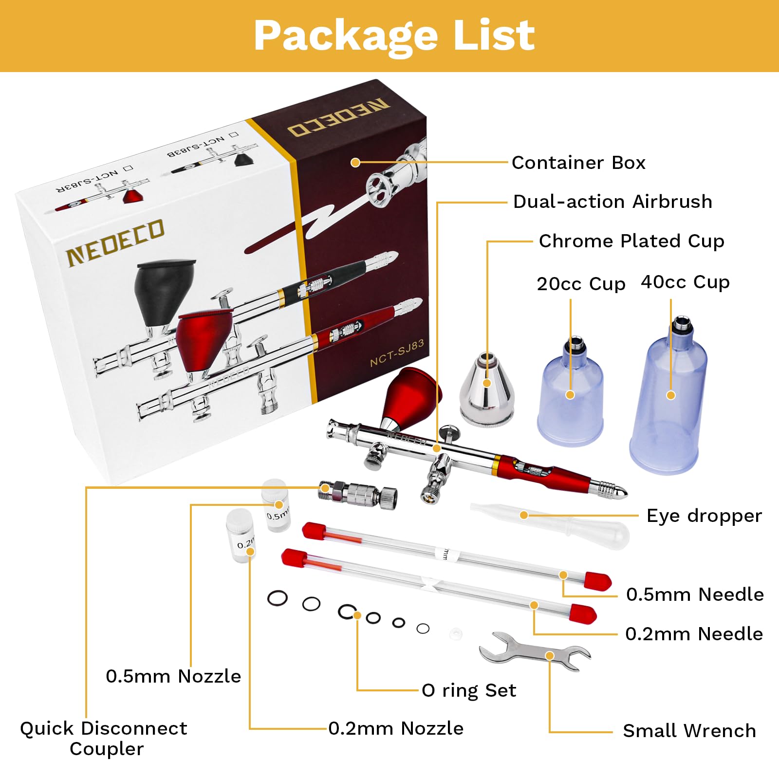 NEOECO SJ83 Airbrush, Self-Centring Plug-in Nozzle,0.2, 0.3 & 0.5mm Nozzle Sets and 1/3 oz Cup, Dual-Action Gravity Feed Airbrush with 1/3 oz,2/3 oz,4/3 oz Replacement Cups (RED)
