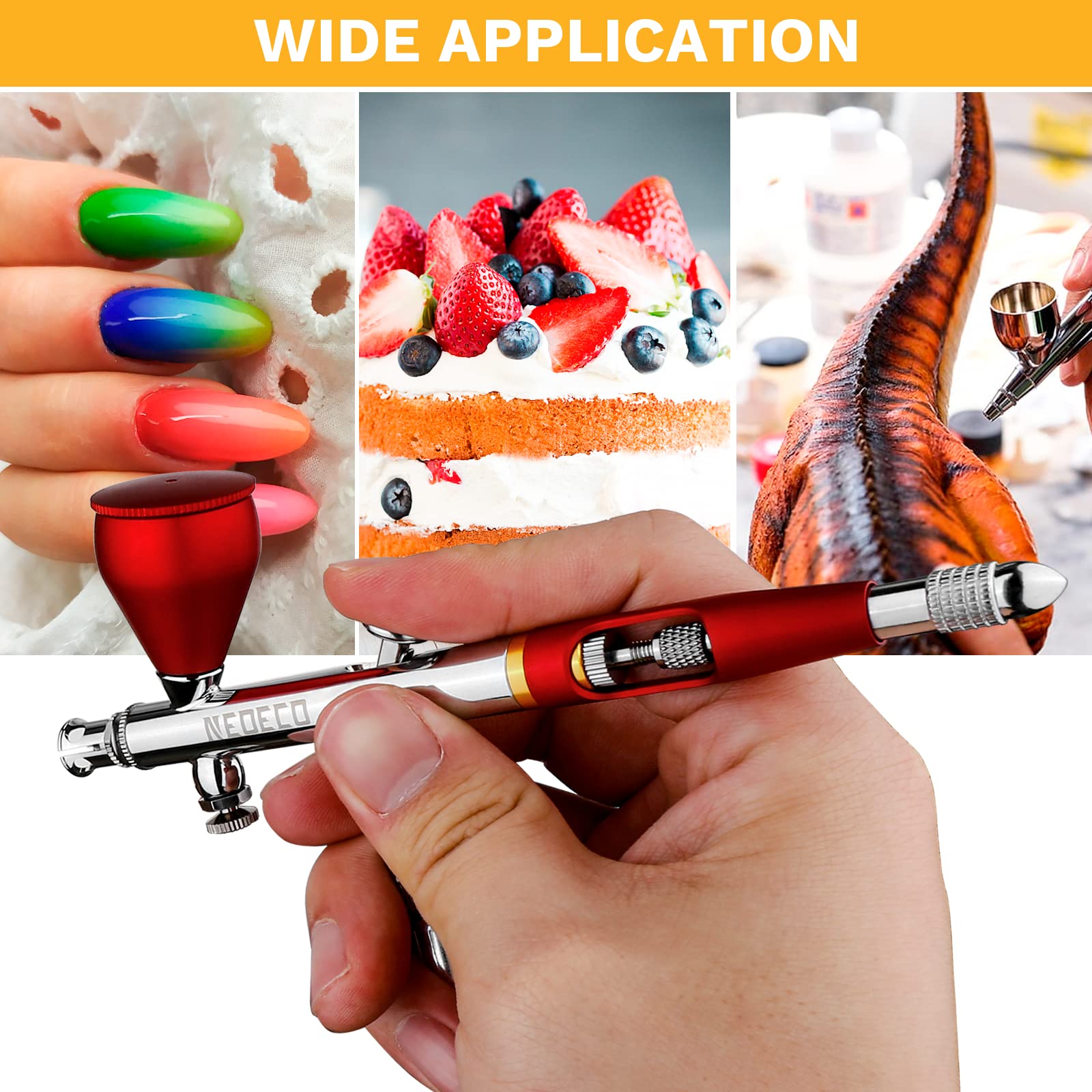 NEOECO SJ83 Airbrush, Self-Centring Plug-in Nozzle,0.2, 0.3 & 0.5mm Nozzle Sets and 1/3 oz Cup, Dual-Action Gravity Feed Airbrush with 1/3 oz,2/3 oz,4/3 oz Replacement Cups (RED)