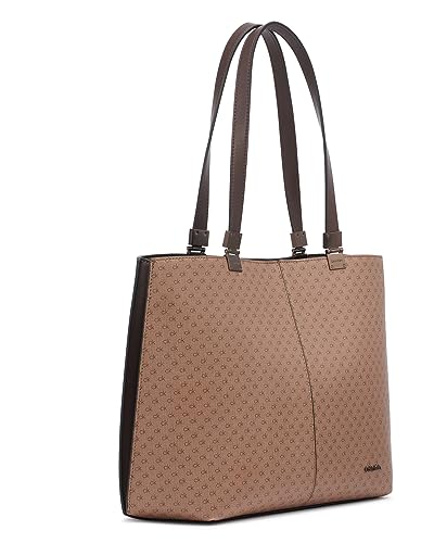 Calvin Klein Women's Granite Geometric Tote Bag β Vegan Leather, Monogram, 3 Pockets, Khaki/Brown/Java, One Size
