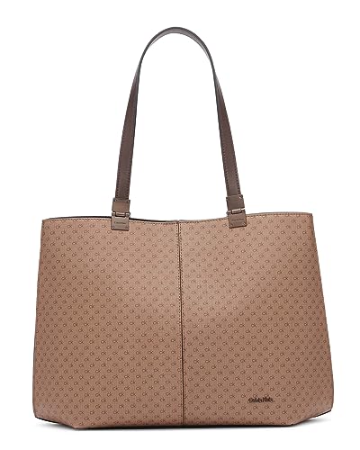 Calvin Klein Women's Granite Geometric Tote Bag – Vegan Leather, Monogram, 3 Pockets, Khaki/Brown/Java, One Size