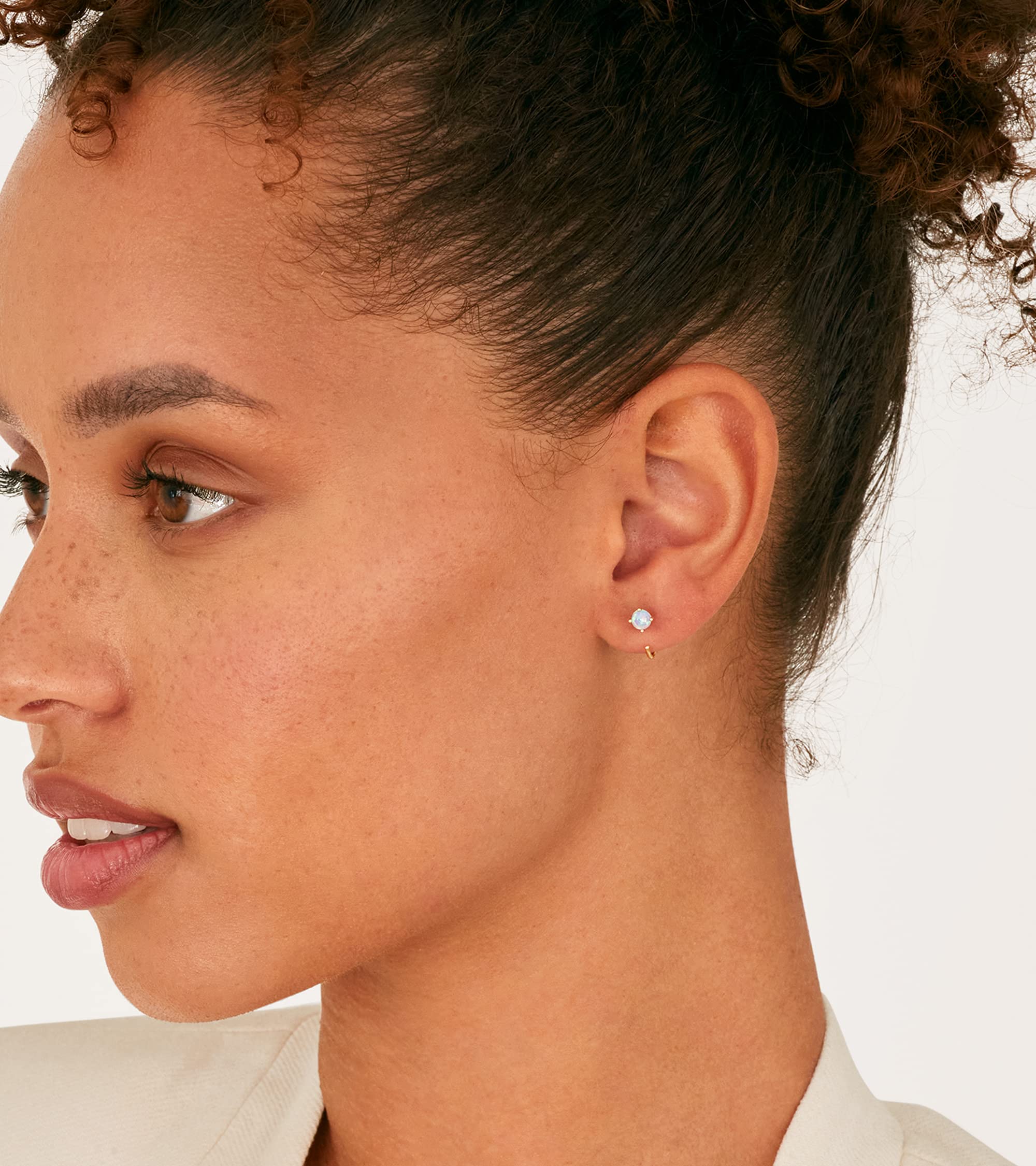 PAVOI 14K Yellow Gold 925 Sterling Silver Huggie Half Hoop Earrings for Women | Tiny Boho Opal Stone Cartilage Earring
