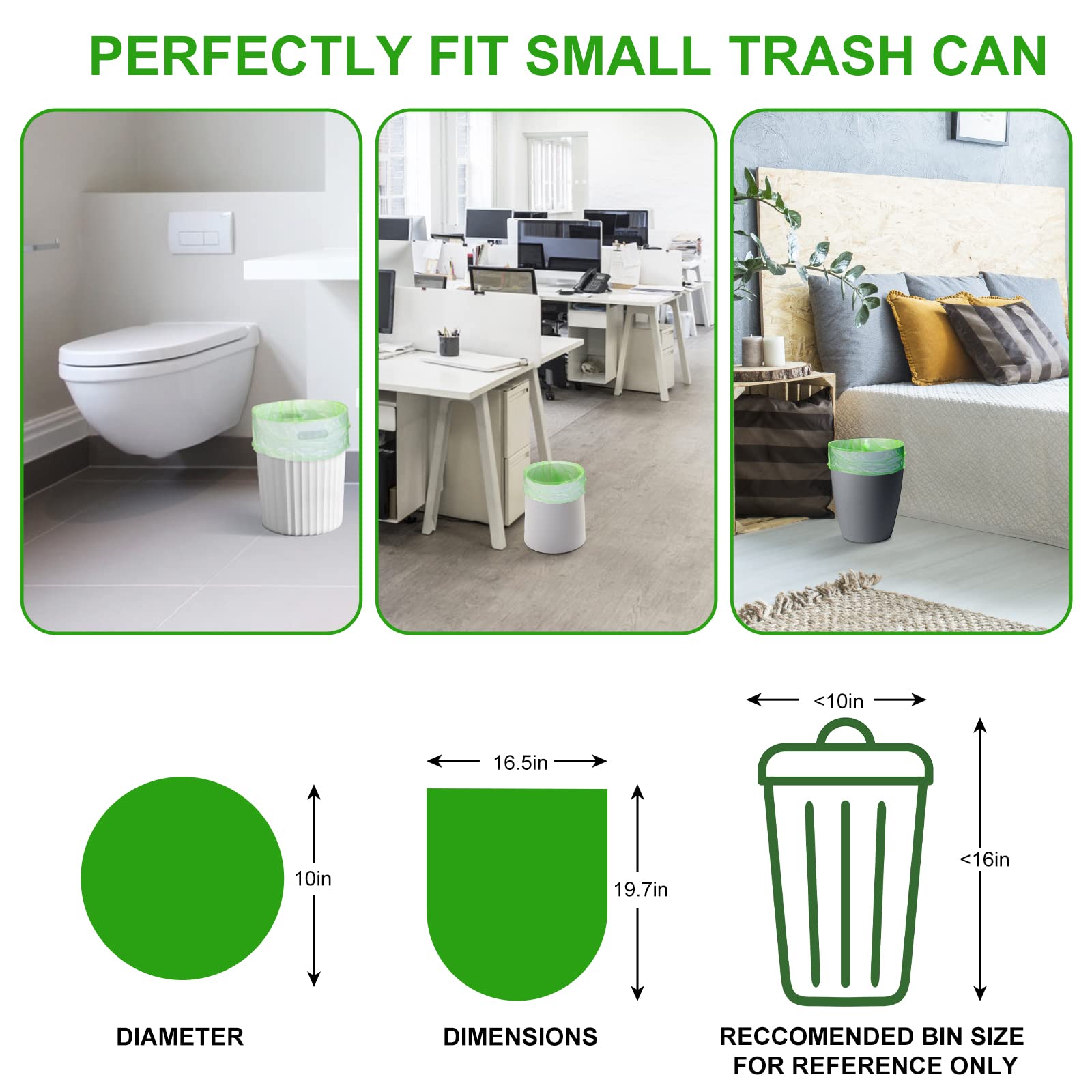 Small Trash Bags 2-2.6 Gallon Plant Starch Based, Inwaysin 200 Count Bathroom Trash Bags, Strong Trash Bags 2.6 Gallon Unscented, Size Expanded, for Bathroom Bedroom Trash Can, Green, 10L