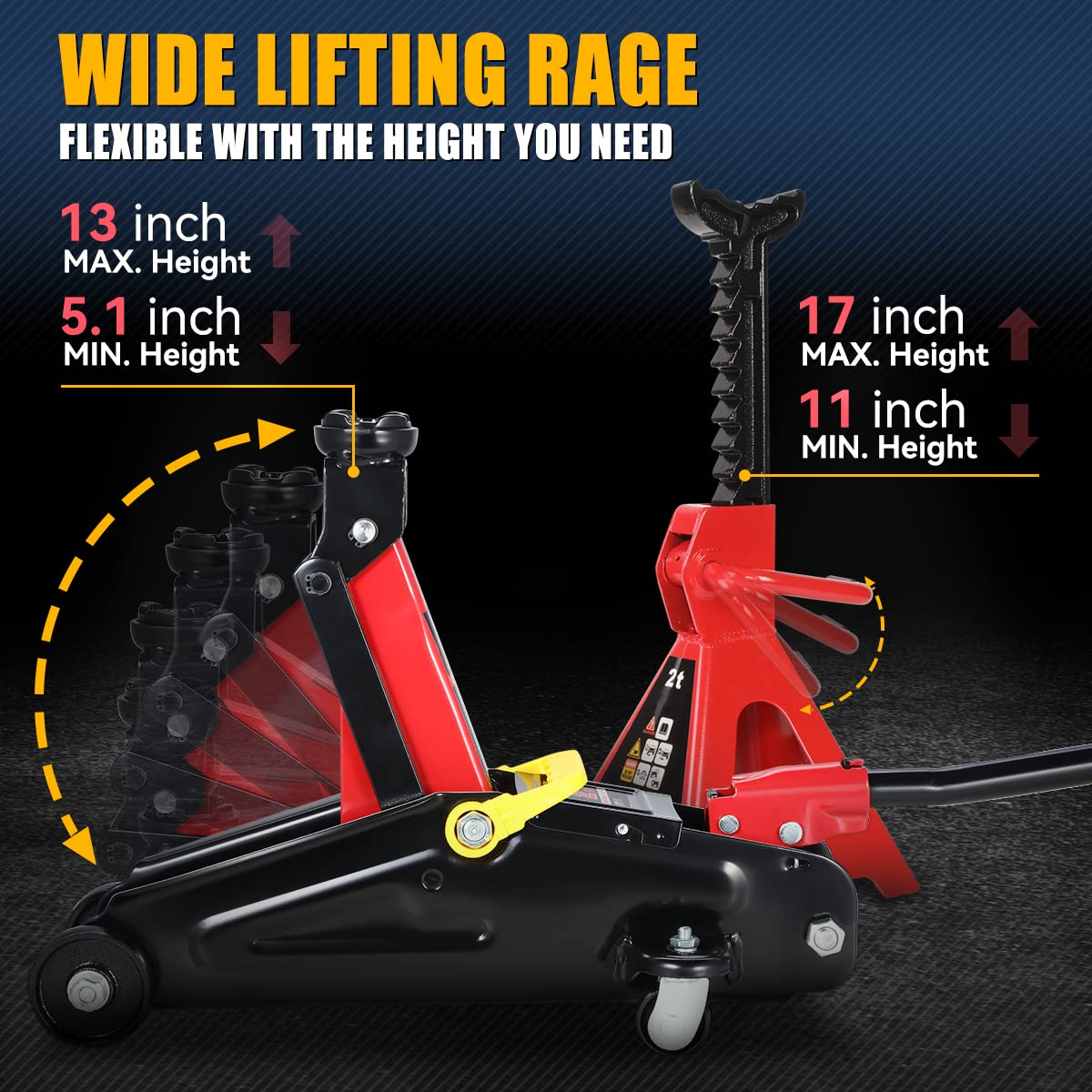 Auto Dynasty 2 Ton Floor Jack with Jack Stands, Heavy Duty Steel Hydraulic Racing Floor Jack with Single Piston Quick Lift Pump, Hydraulic Trolley Service Car Jack, Red/Black
