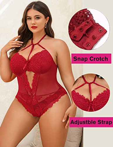 Avidlove Plus Size Lingerie for Women Snap Crotch Lace Bodysuit Teddy Lingerie One Piece Babydoll Nightgown Wine Red