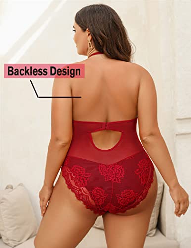 Avidlove Plus Size Lingerie for Women Snap Crotch Lace Bodysuit Teddy Lingerie One Piece Babydoll Nightgown Wine Red