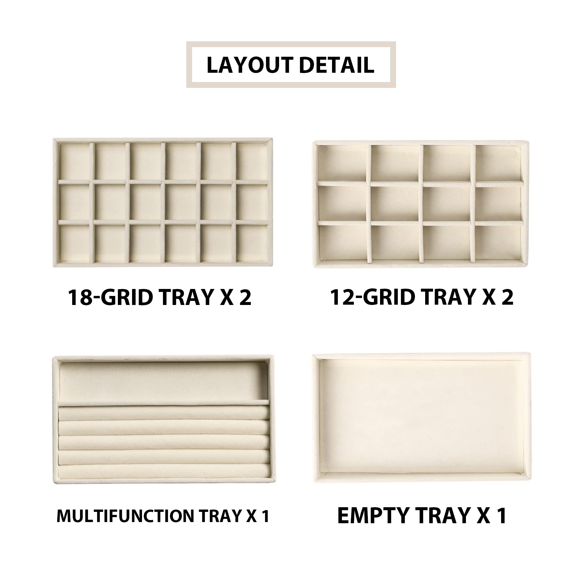 Frebeauty Jewelry Organizer Tray,Stackable Velvet Jewelry Trays,Drawer Inserts Earring Organizer For Women Jewelry Storage Display Case for Rings Stud Necklaces,Set of 6(Beige)