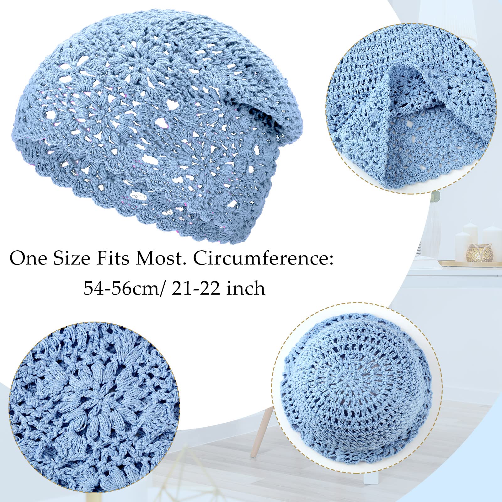 4 Pcs Crochet Slouchy Beanie Hat Fall Handmade Knit Floral Skull Cap Cotton Cutout Summer Hats for Women Lightweight Knitted (Black, Beige, Wine Red, Blue)
