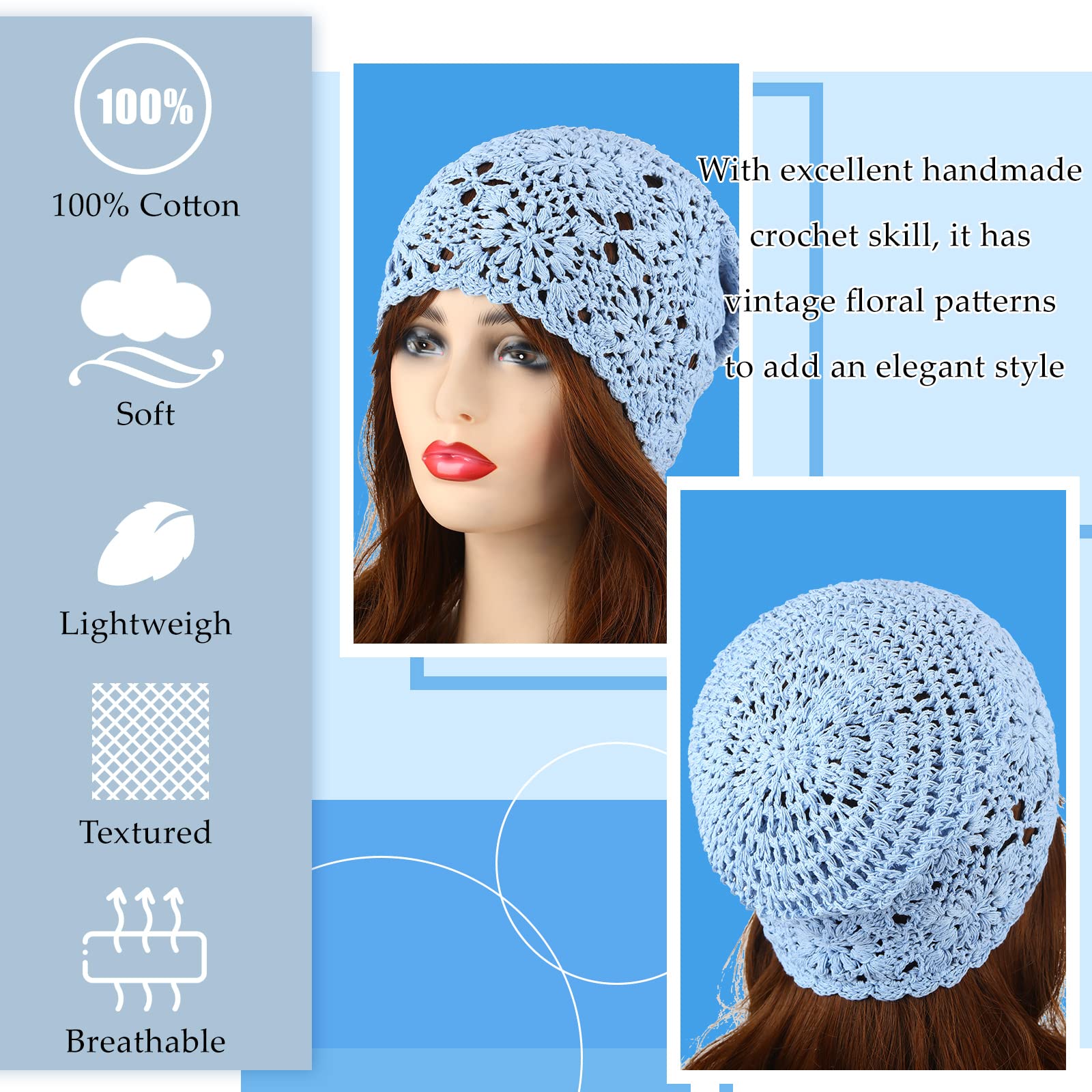 4 Pcs Crochet Slouchy Beanie Hat Fall Handmade Knit Floral Skull Cap Cotton Cutout Summer Hats for Women Lightweight Knitted (Black, Beige, Wine Red, Blue)