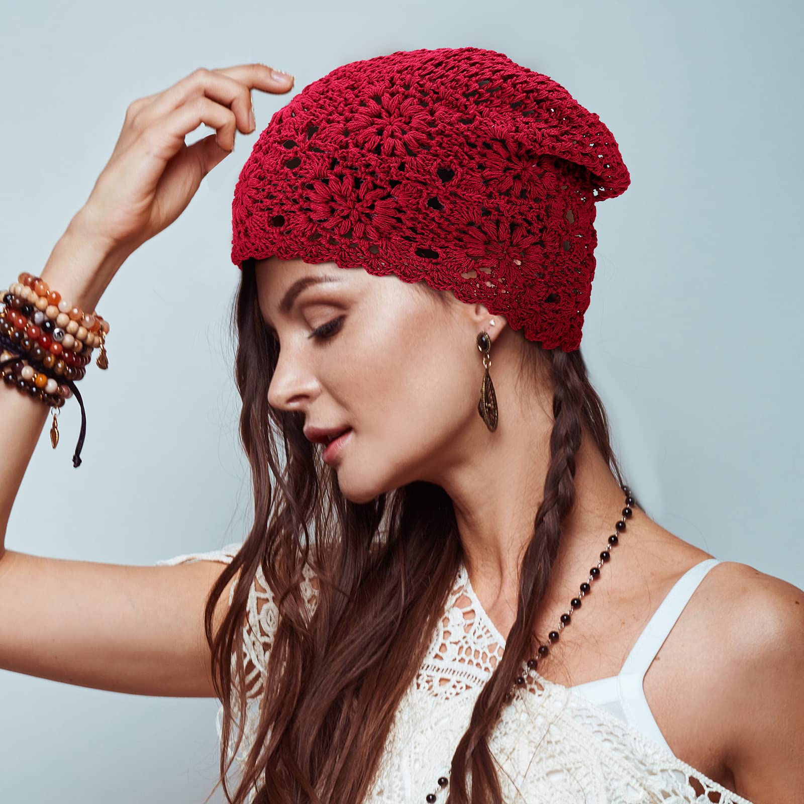4 Pcs Crochet Slouchy Beanie Hat Fall Handmade Knit Floral Skull Cap Cotton Cutout Summer Hats for Women Lightweight Knitted (Black, Beige, Wine Red, Blue)