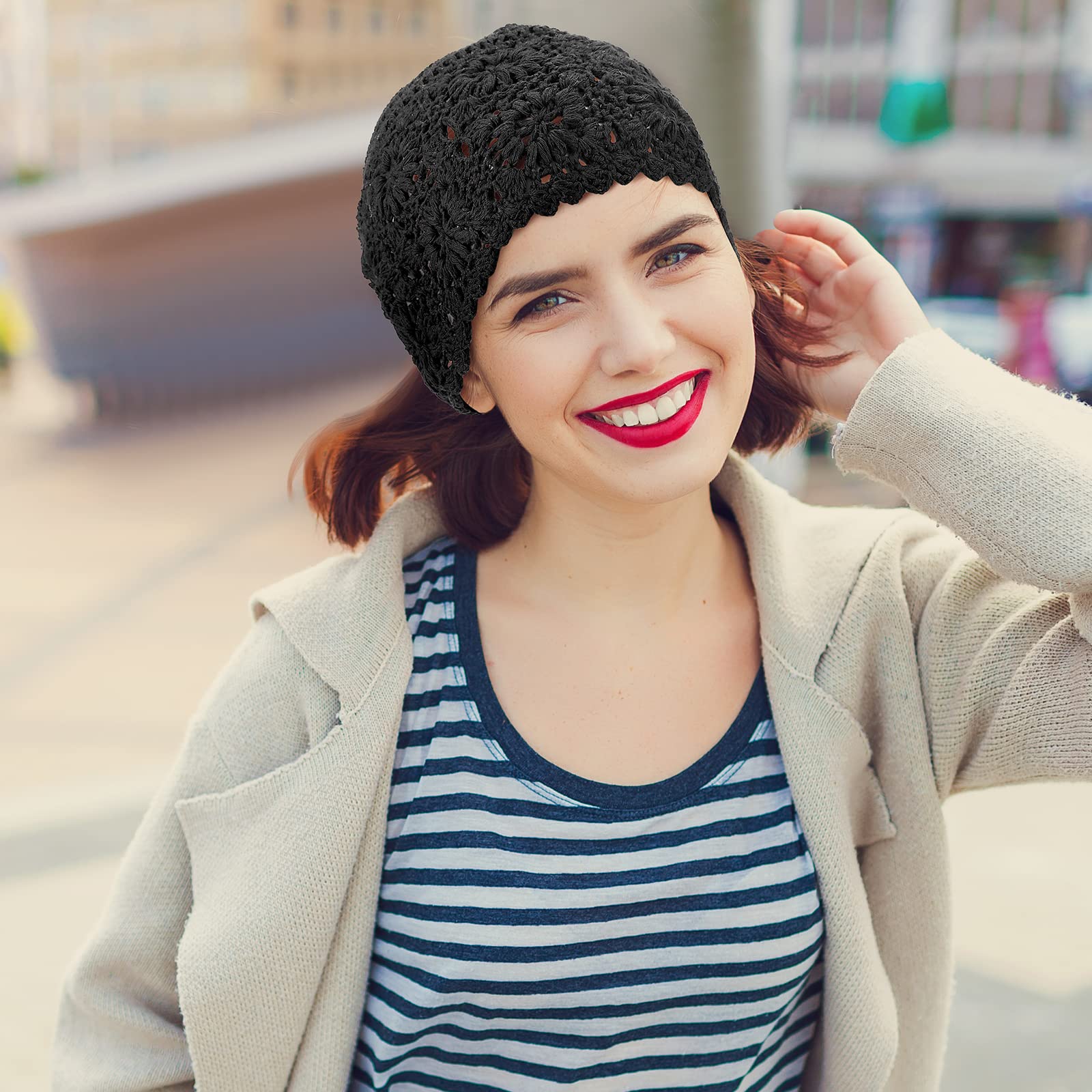 4 Pcs Crochet Slouchy Beanie Hat Fall Handmade Knit Floral Skull Cap Cotton Cutout Summer Hats for Women Lightweight Knitted (Black, Beige, Wine Red, Blue)