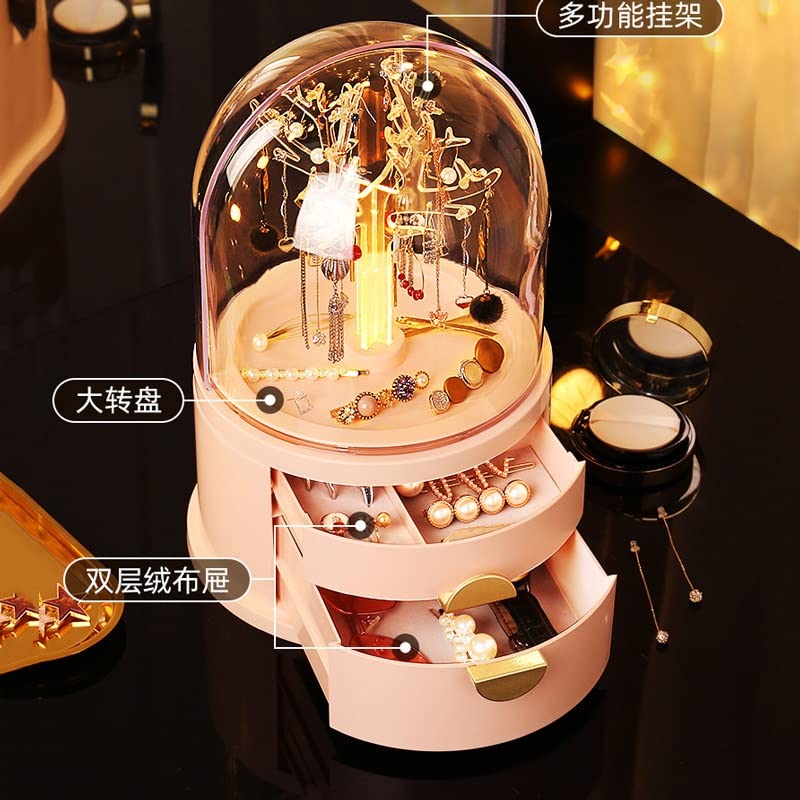EKAYG Multilayer Jewelry Storage Box Girls Pink Led Lamp Desktop Jewelry Large Capacity 360 Degree Storage Box