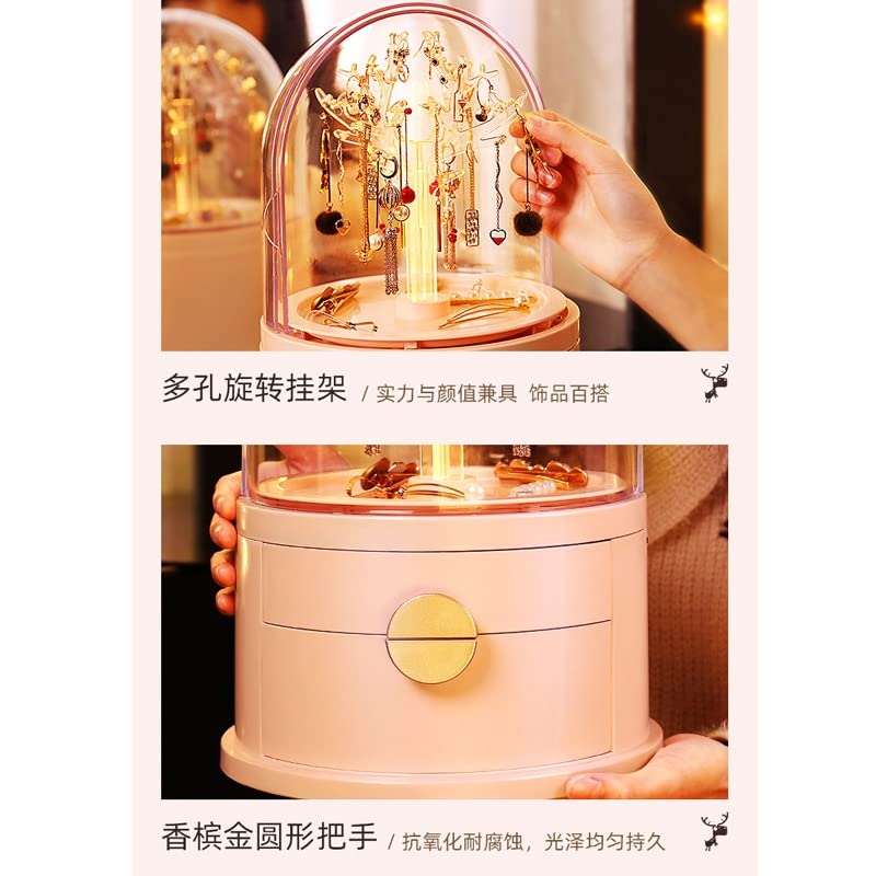 EKAYG Multilayer Jewelry Storage Box Girls Pink Led Lamp Desktop Jewelry Large Capacity 360 Degree Storage Box