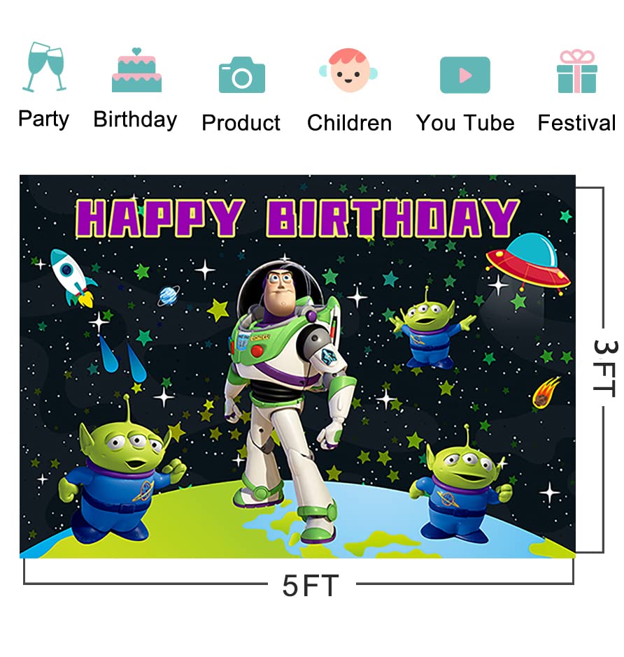 Cartoon Buzz Lightyear Backdrop for Party Supplies 5x3ft Outspace Photo Backgrounds Buzz Lightyear Theme Baby Shower Banner for Cake Table Decoration Green