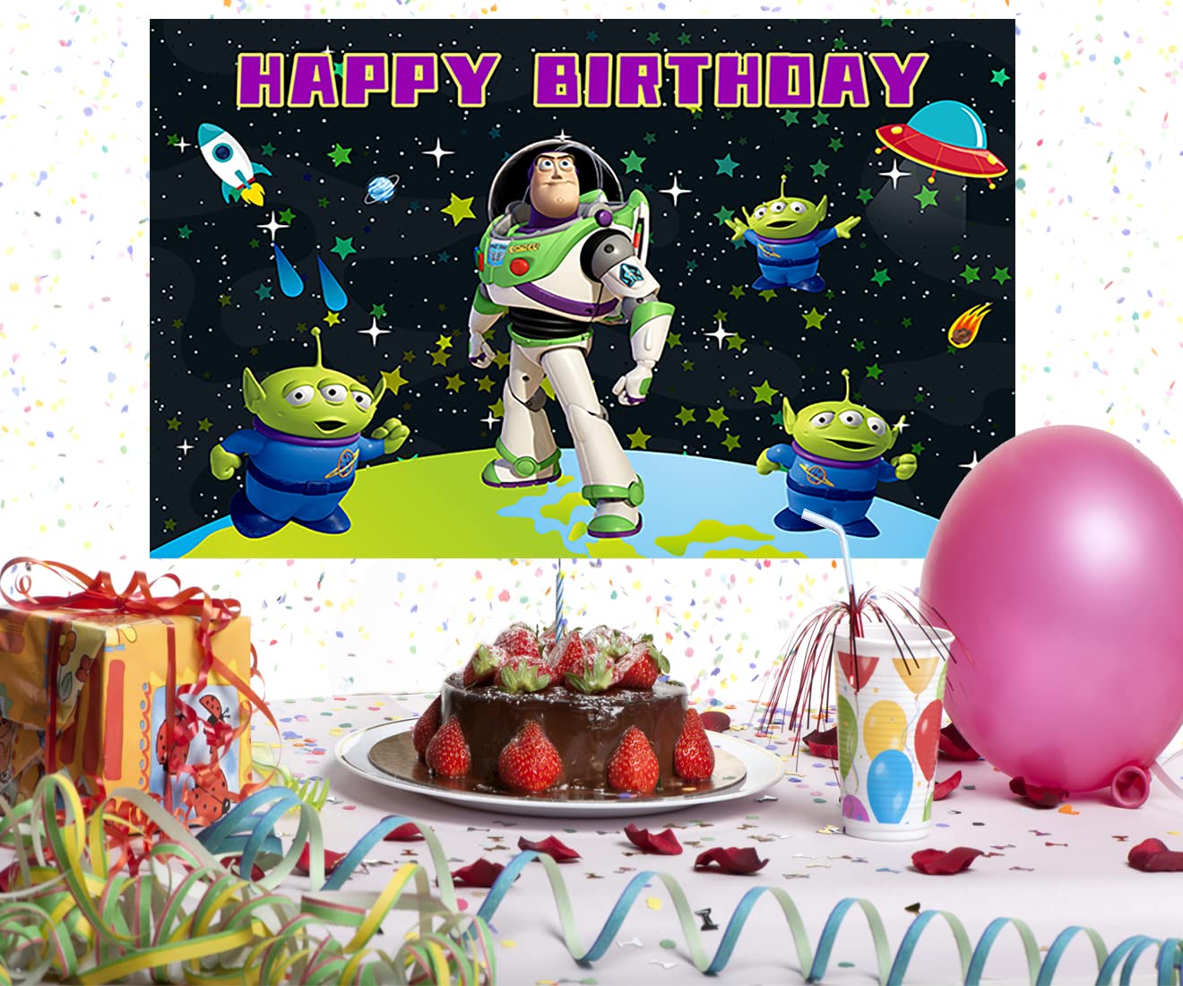 Cartoon Buzz Lightyear Backdrop for Party Supplies 5x3ft Outspace Photo Backgrounds Buzz Lightyear Theme Baby Shower Banner for Cake Table Decoration Green