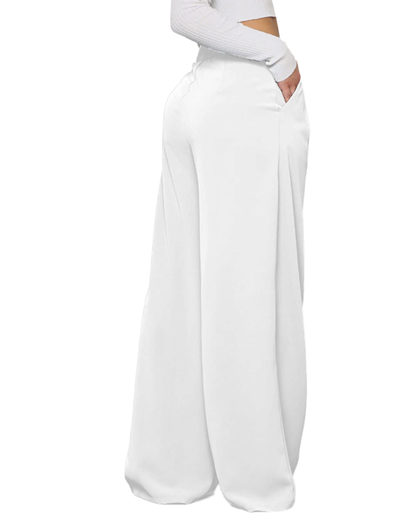 LYANER Women's High Waisted Wide Leg Palazzo Pants Hidden Zipper Loose Casual Trousers White X-Large