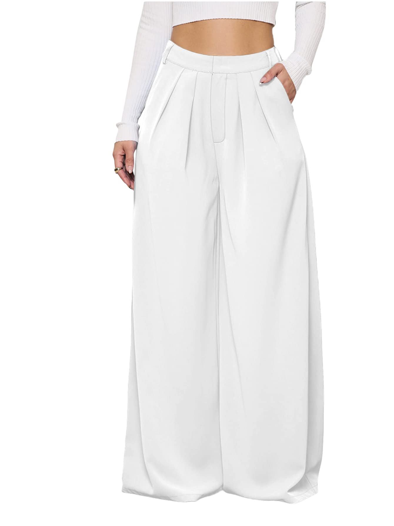 LYANER Women's High Waisted Wide Leg Palazzo Pants Hidden Zipper Loose Casual Trousers White X-Large