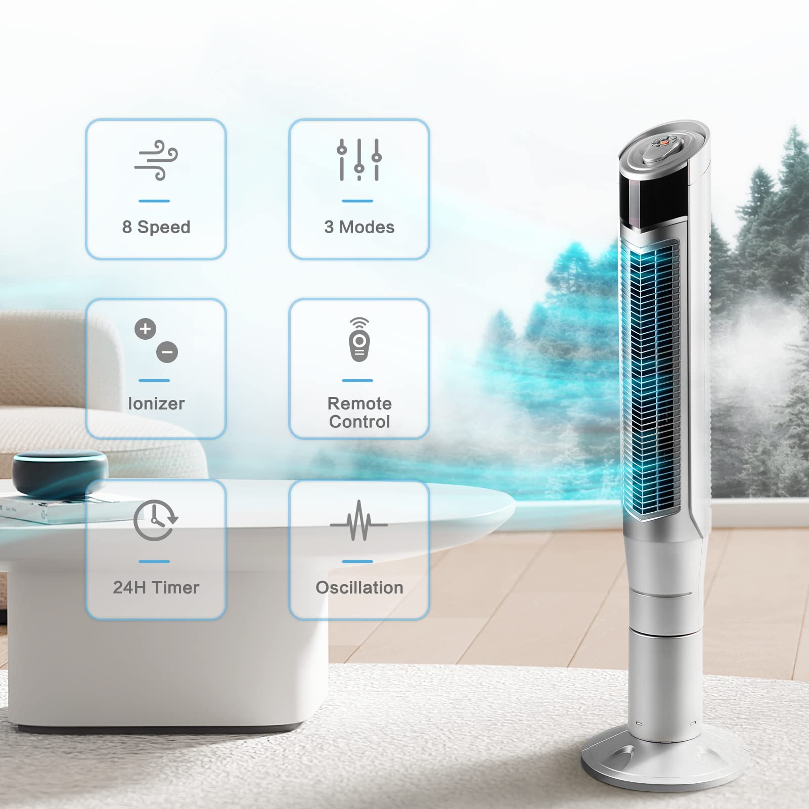 Xbeauty Tower Fan Oscillating 360 Degrees Ionizer Standing Fan 3 Wind Modes 8 Wind Speeds Quiet Bladeless Fan with Timer & Remote Control for Bedroom/Living room (Silver)