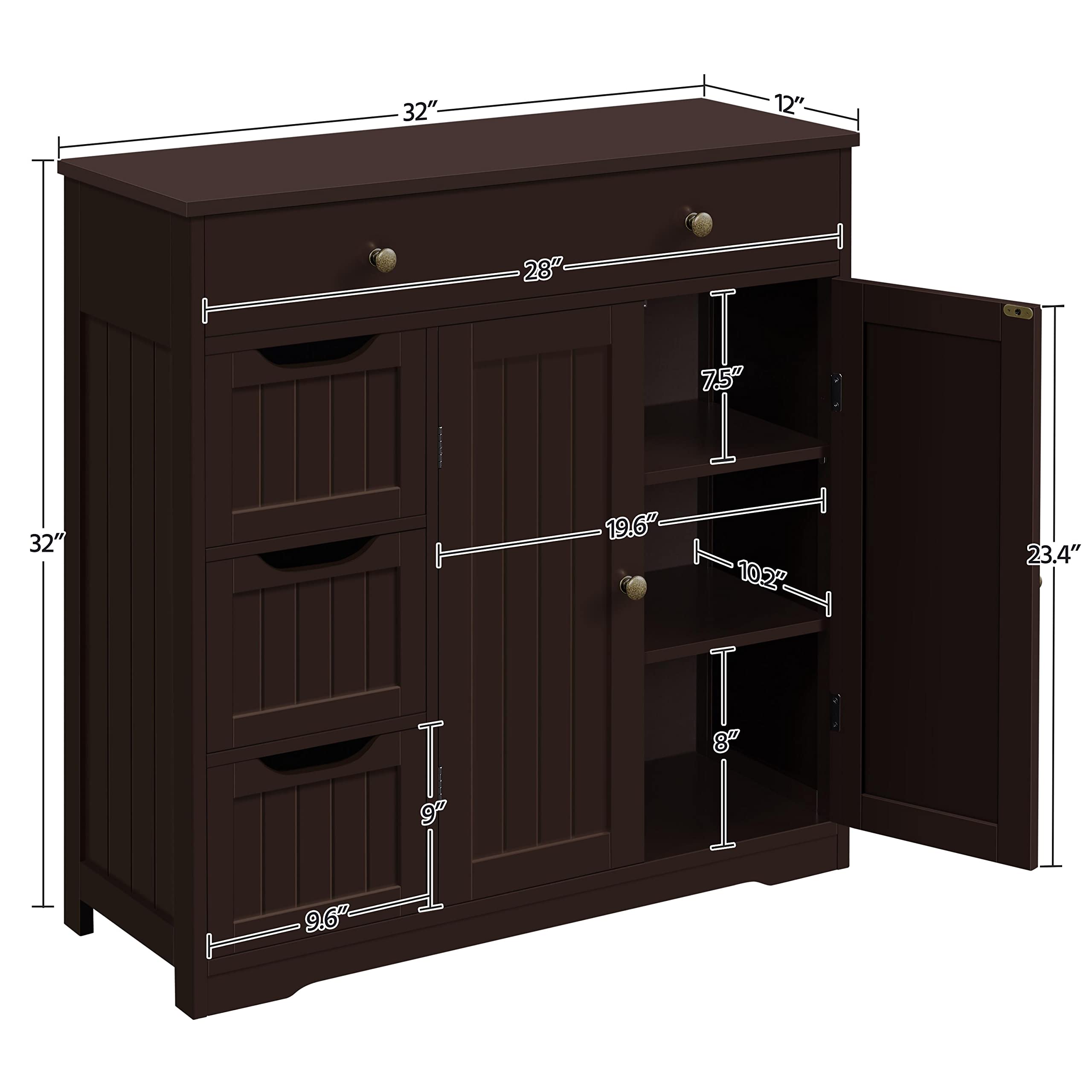 Yaheetech Bathroom Floor Cabinet, Large Storage Space Wooden Organizer with 1 Big Drawer, 3 Small Drawers & 2 Doors, Free-Standing Cupboard for Kitchen/Living Room/Bathroom Use, Espresso
