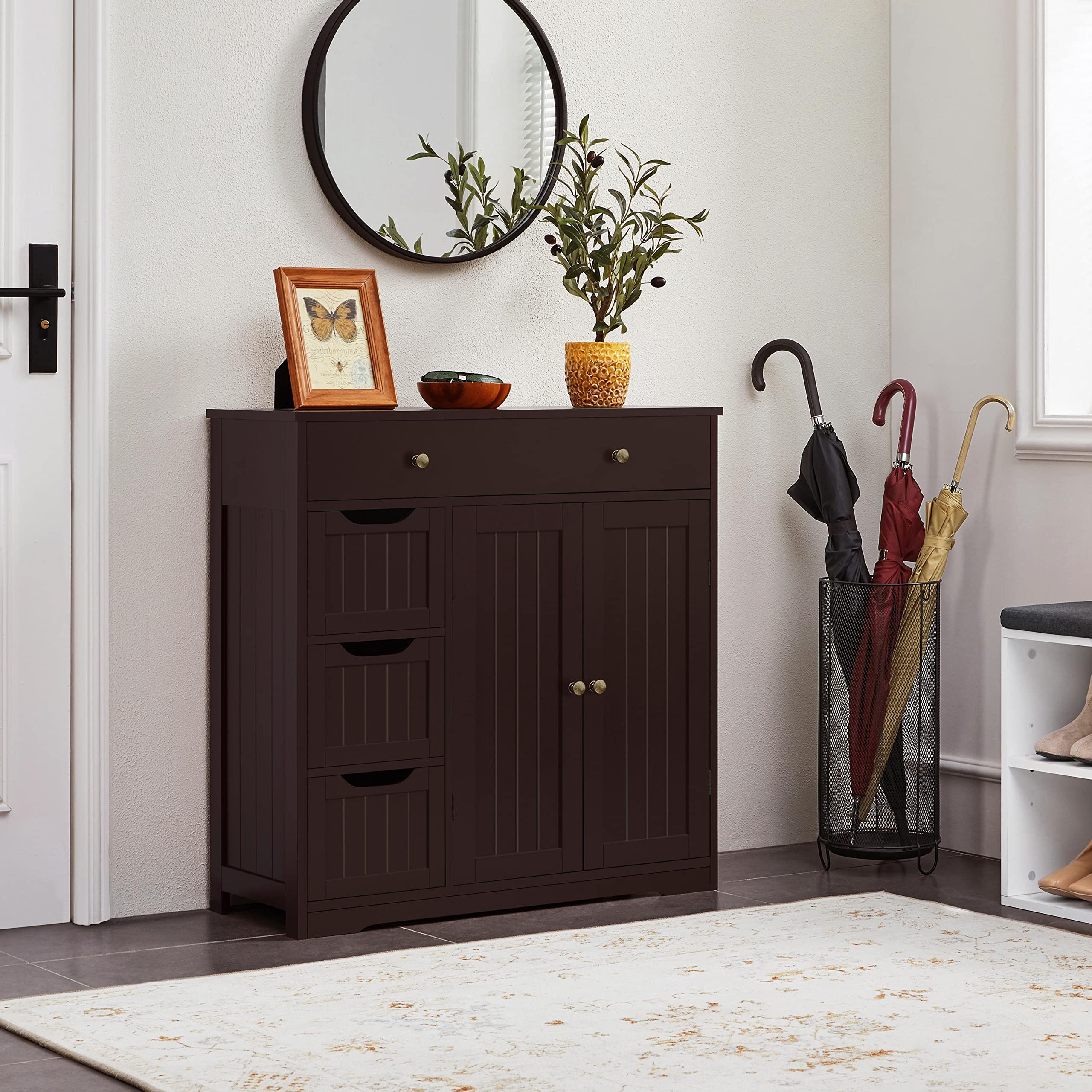 Yaheetech Bathroom Floor Cabinet, Large Storage Space Wooden Organizer with 1 Big Drawer, 3 Small Drawers & 2 Doors, Free-Standing Cupboard for Kitchen/Living Room/Bathroom Use, Espresso