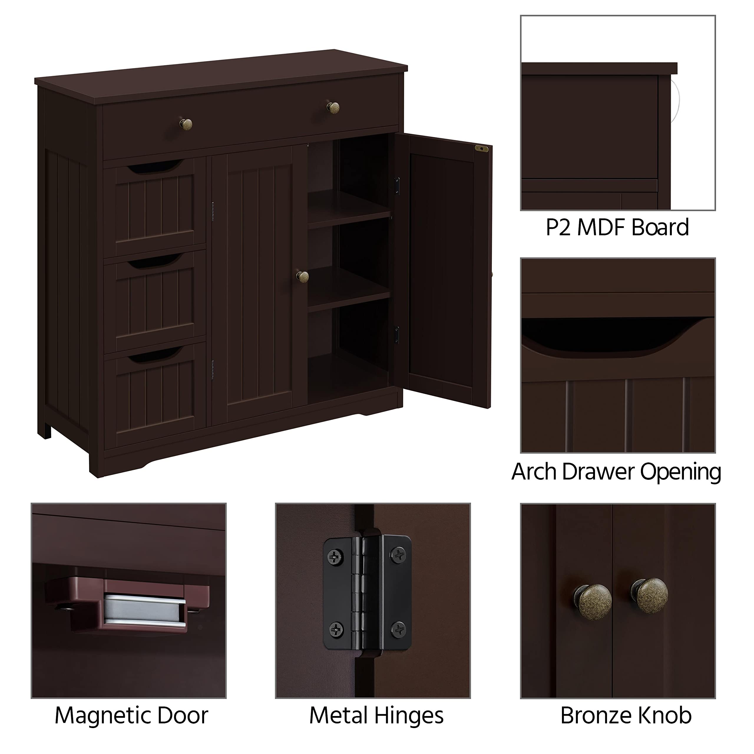Yaheetech Bathroom Floor Cabinet, Large Storage Space Wooden Organizer with 1 Big Drawer, 3 Small Drawers & 2 Doors, Free-Standing Cupboard for Kitchen/Living Room/Bathroom Use, Espresso