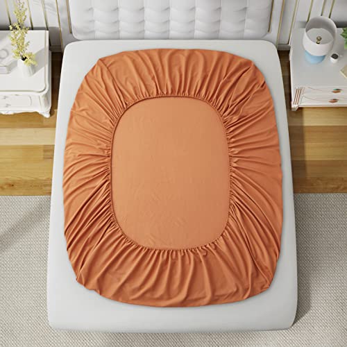 DengChao 4PCS Twin Size Brushed Microfiber Bed Sheet Set with Body Pillowcase,16 Inches Deep Pocket Fitted Sheet Easy to Fit Mattress,Soft Breathable Wrinkle and Fade Resistant,Terracotta