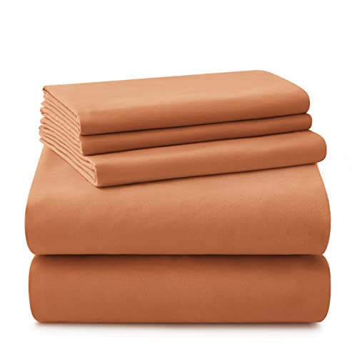 DengChao 4PCS Twin Size Brushed Microfiber Bed Sheet Set with Body Pillowcase,16 Inches Deep Pocket Fitted Sheet Easy to Fit Mattress,Soft Breathable Wrinkle and Fade Resistant,Terracotta