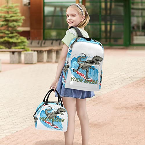MCHIVER Dinosaur Surfer Personalized School Backpack with Lunch Box Custom Backpack for Boys Girls Casual Bookbags Set for Camping Travel Work