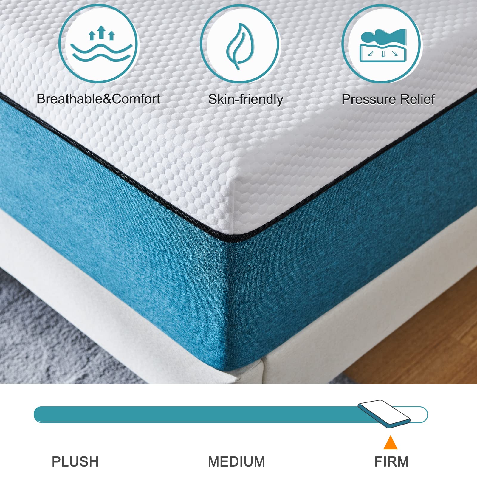 IYEE NATURE Short Queen Firm Mattress, 74" L x 60" W x 12" T, Firm Mattresses, Supportive & Pressure Relief, Queen Memory Foam, Blue