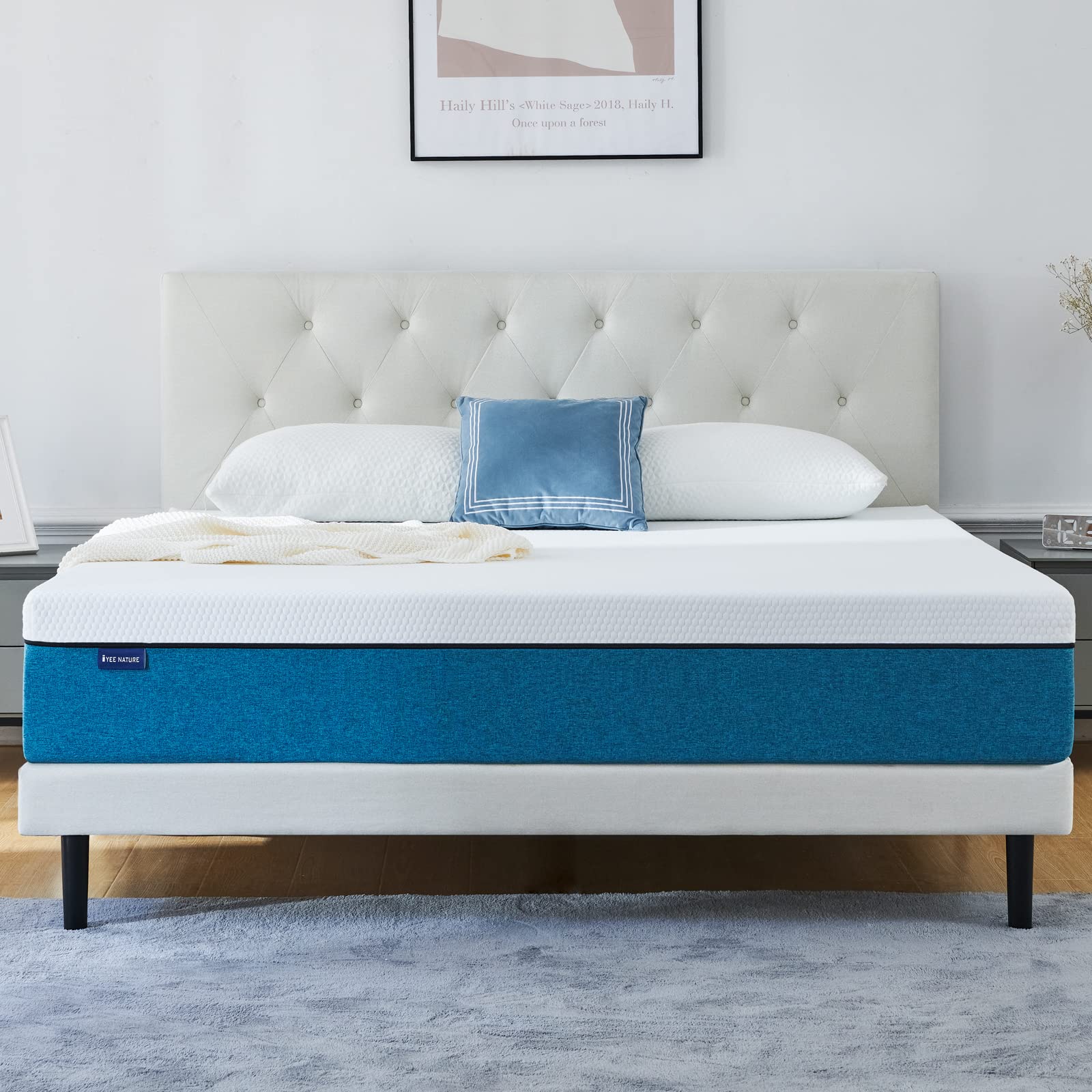 IYEE NATURE Short Queen Firm Mattress, 74" L x 60" W x 12" T, Firm Mattresses, Supportive & Pressure Relief, Queen Memory Foam, Blue