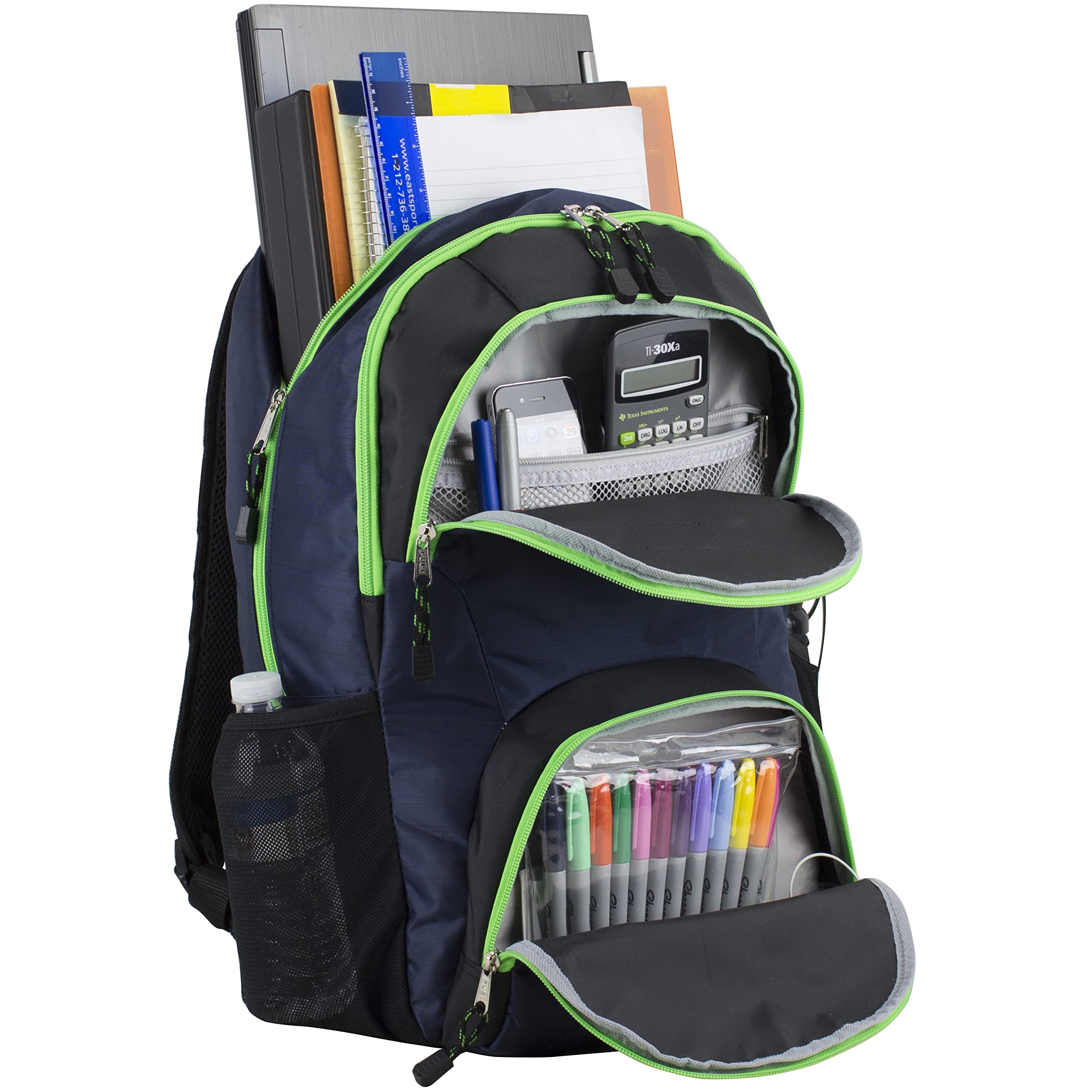 FUEL Travel Commuter Laptop Daypack Large Bag Backpack, Fits 17.5" Laptop, Interior Tech Sleeve, Navy w/Neon Green