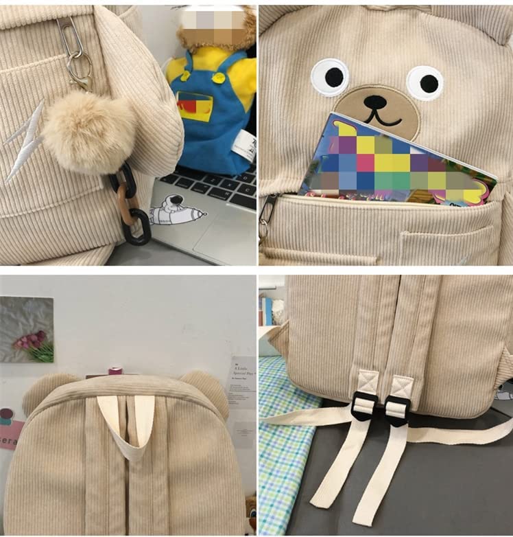 Aoakva Kawaii Bear Corduroy Backpack Cute for Teen Girl Boy Middle School Large Size (Brown)