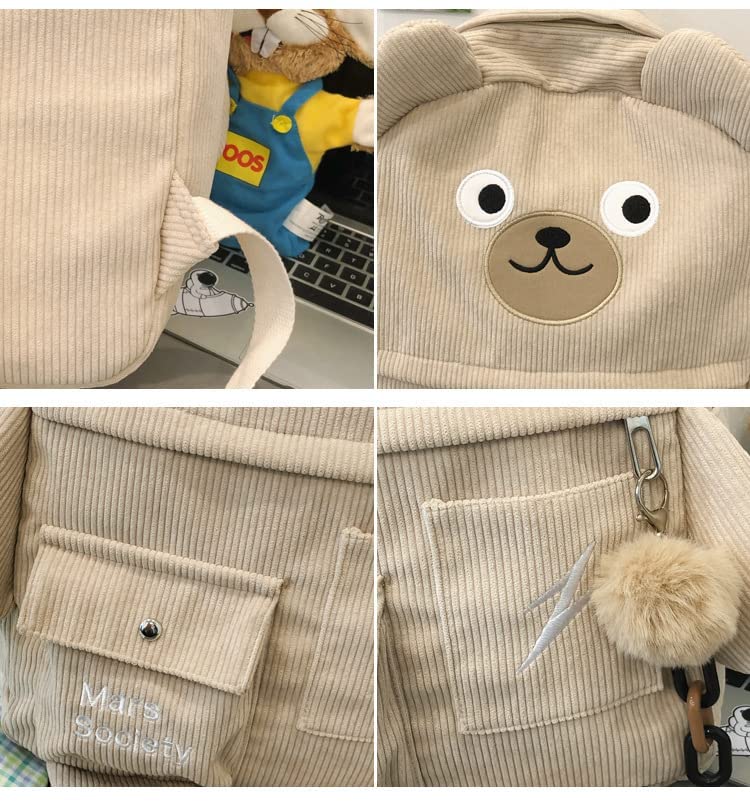 Aoakva Kawaii Bear Corduroy Backpack Cute for Teen Girl Boy Middle School Large Size (Brown)